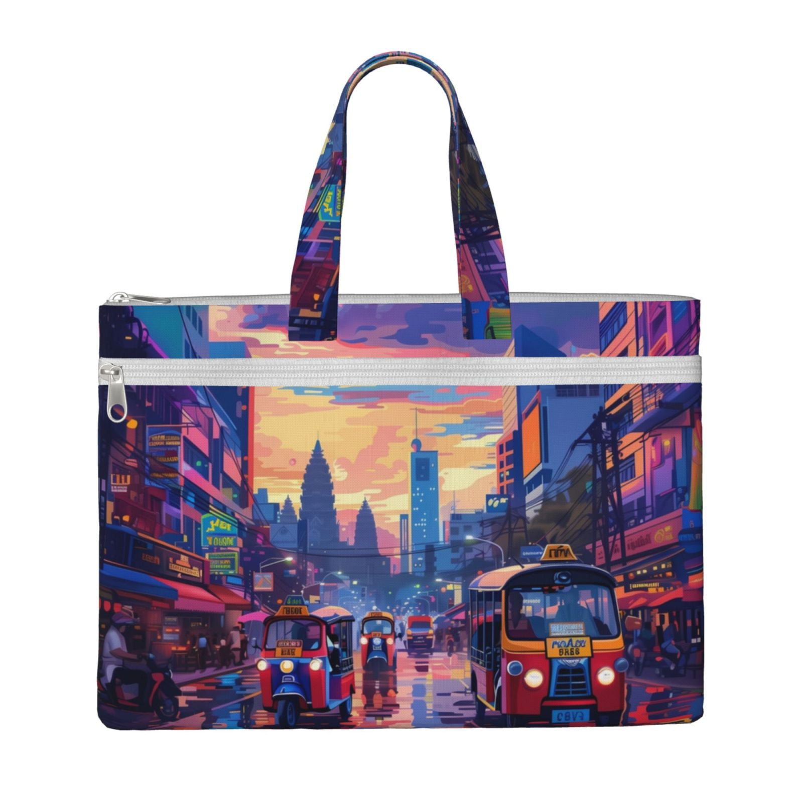 Cauagu Taxi Colorful Town Pattern Canvas Tote File Bag, Zipper Tote Bag ...