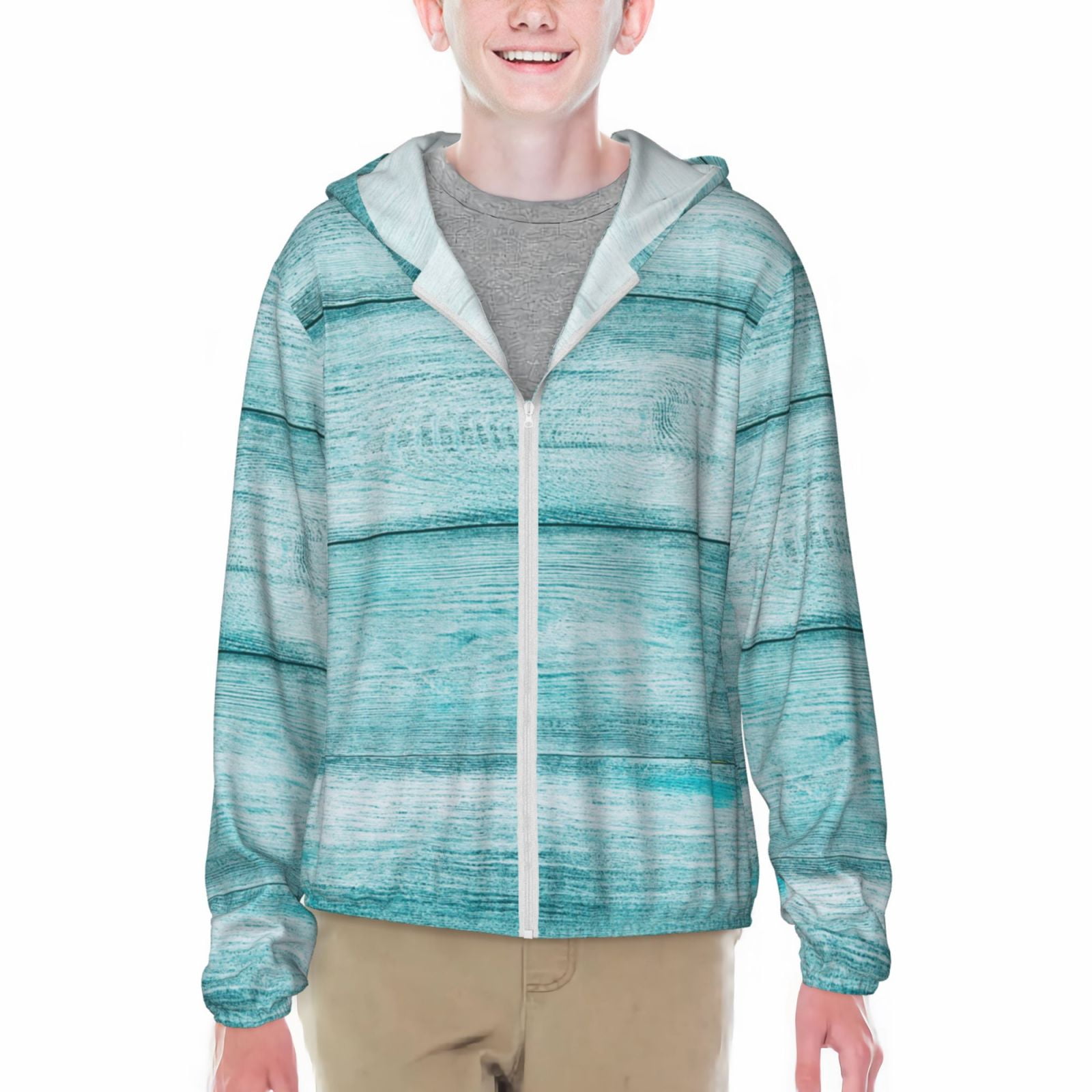 Cauagu Teal Turquoise Wood Print Sun Protection Jacket for Teen,Full ...