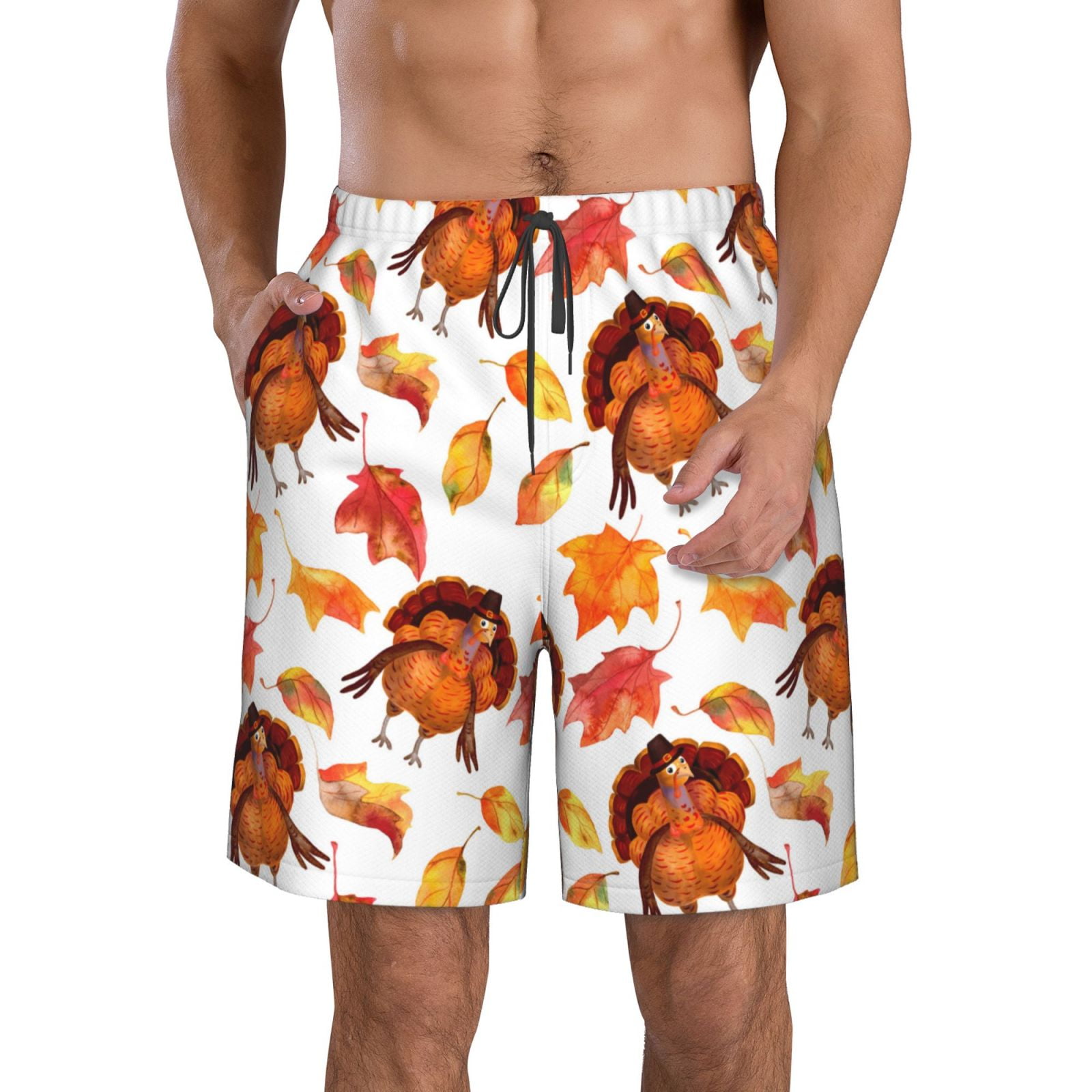Cauagu Thanksgiving Turkey Leaves Print Men's Swim Trunks,Hawaiian ...