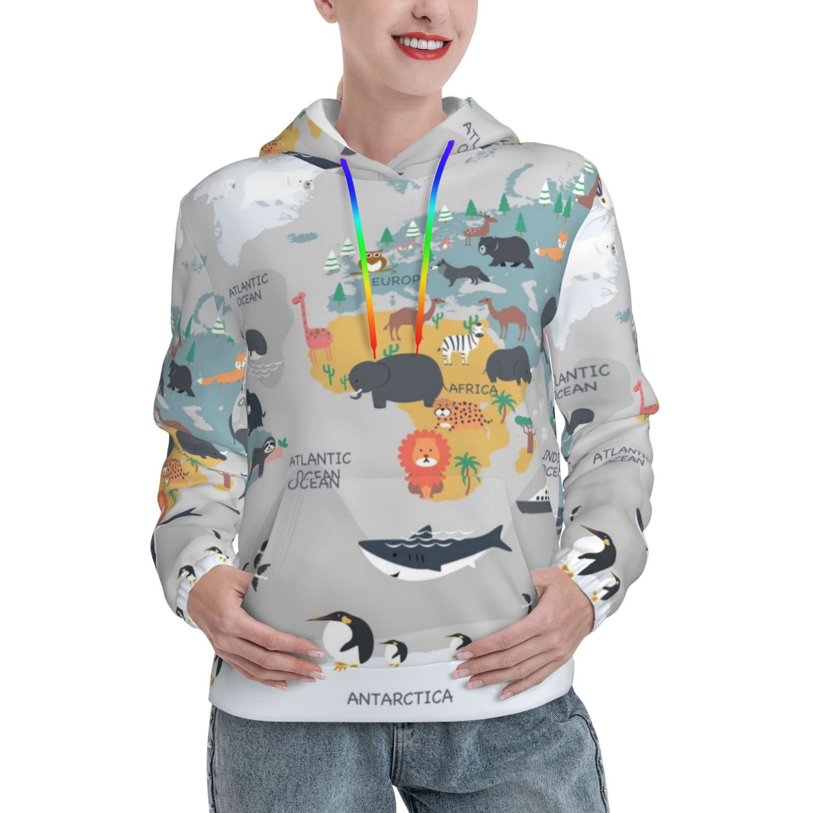 Cauagu The World Map with Cartoon Animals for Women's Hooded Sweatshirts Pullover Hoodie for ...