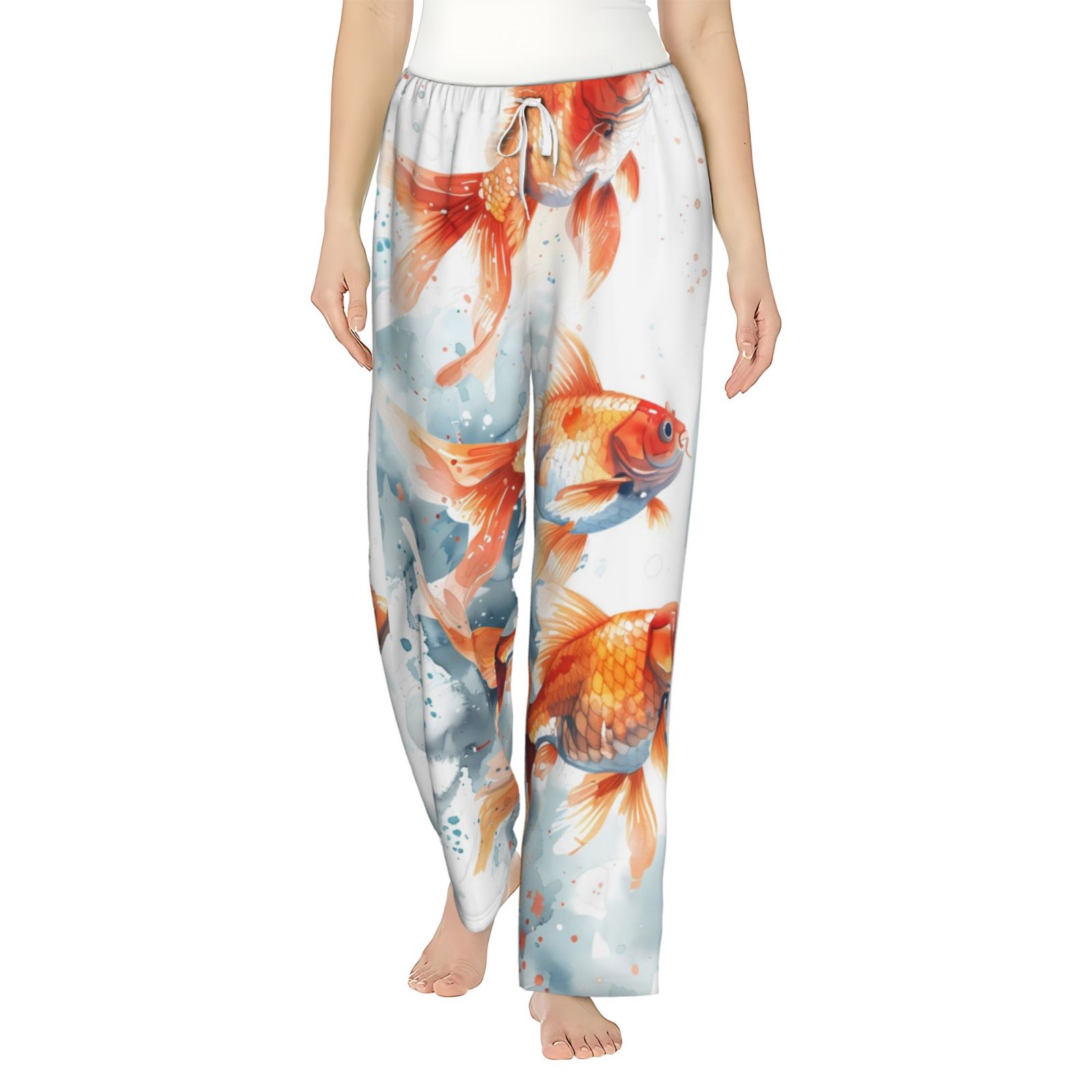 Cauagu Three Goldfish Watercolor Splash Pajama Pants for Women Loose Fit Wide Leg Trouser Pants ...