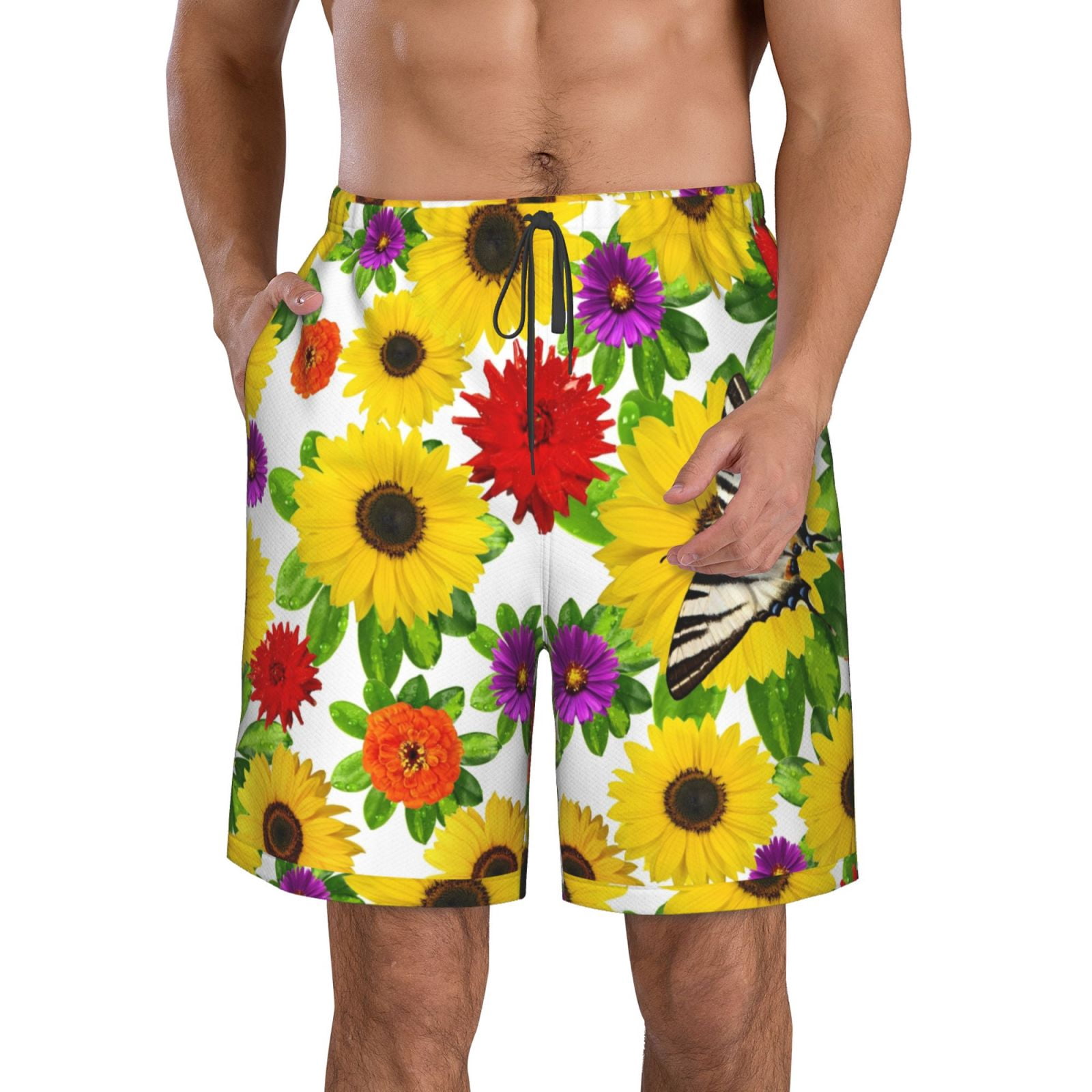 Cauagu Tiger Swallowtail On Flowers Print Men's Swim Trunks,Hawaiian ...
