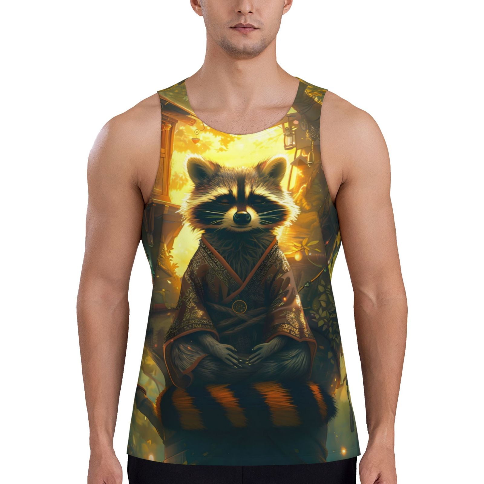 Cauagu Tree Meditating Raccoon Print Men's Sleeveless Muscle Shirts ...