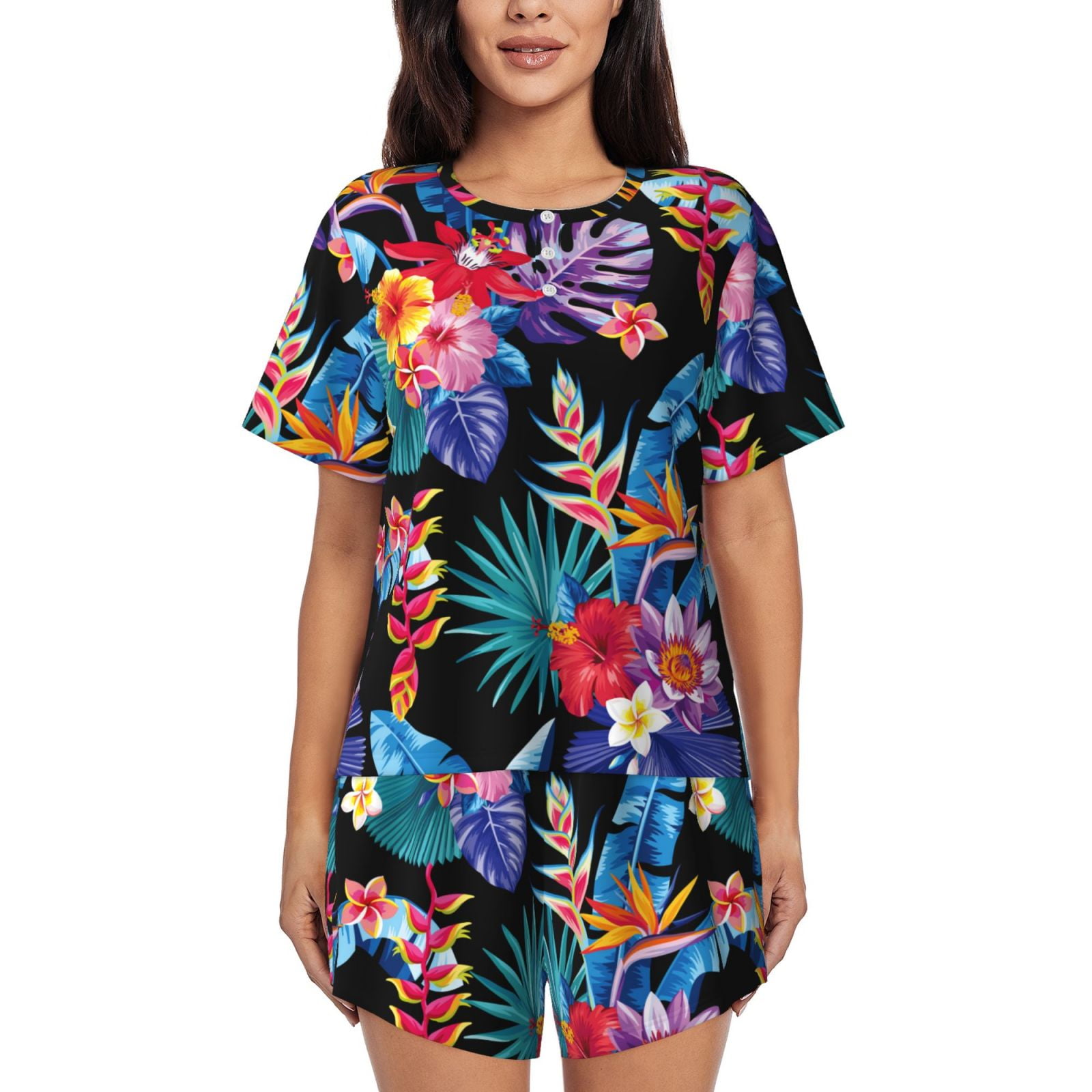 Cauagu Tropical Palm Leaves for Women's Round Neck Pajama Set,Short ...