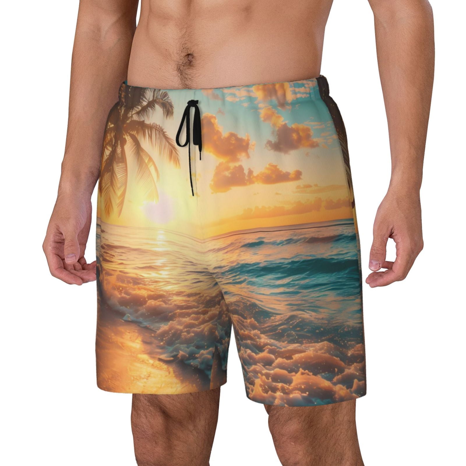 Cauagu Tropical Sunset Beach Scene Print Mens Swim Trunks Quick Dry ...