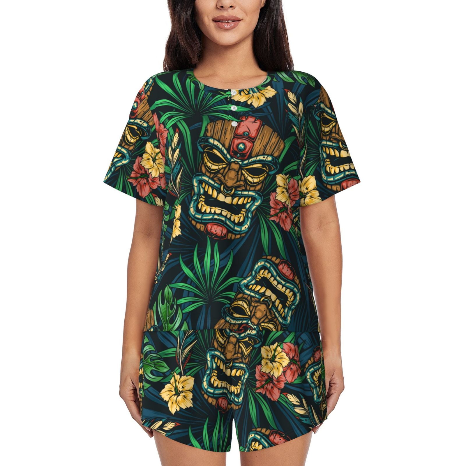 Cauagu Tropical Tribe Mask for Women's Round Neck Pajama Set,Short ...