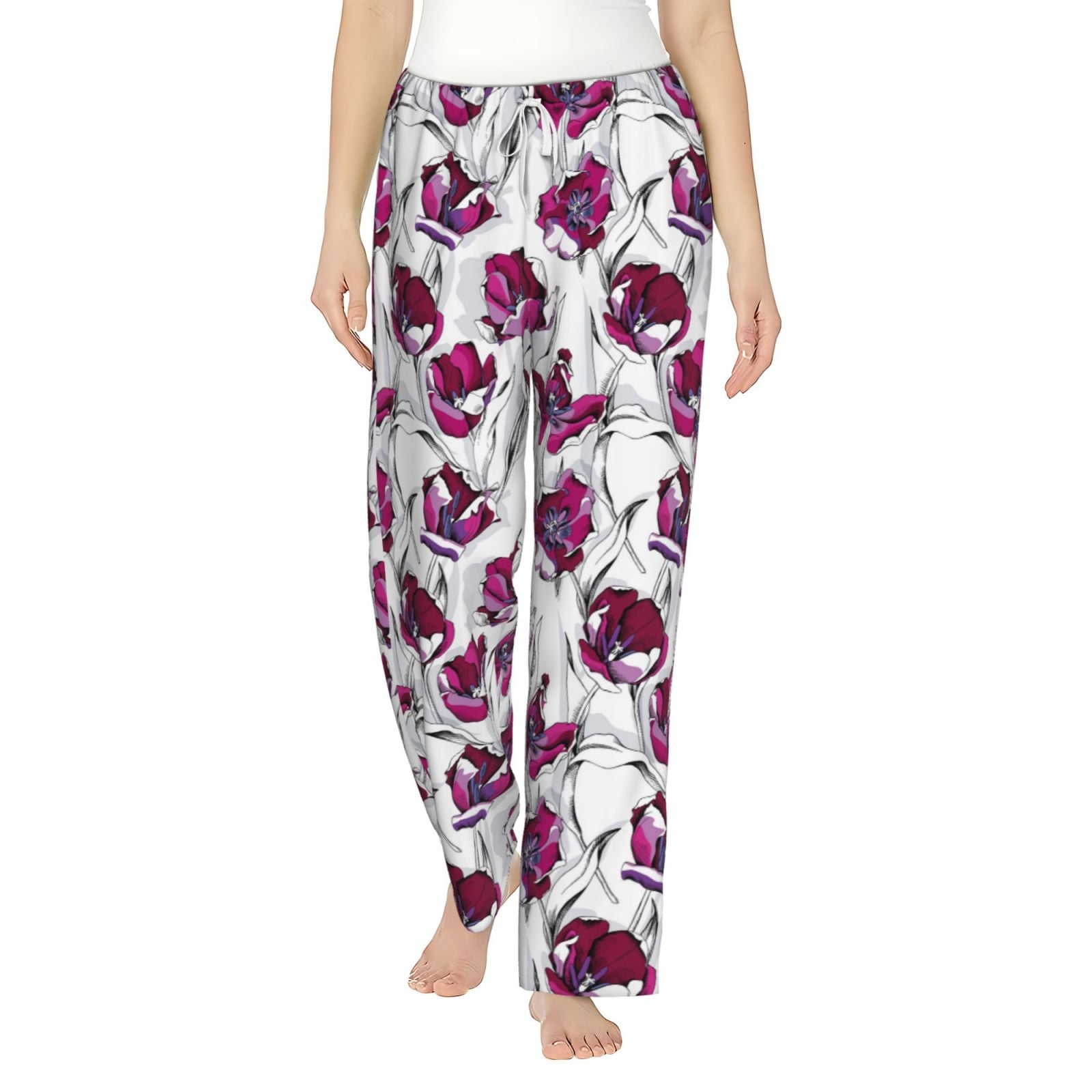 Cauagu Tulips Flowers Pajama Pants for Women Loose Fit Wide Leg Trouser ...
