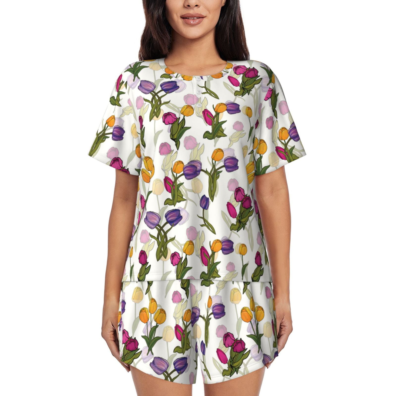 Cauagu Tulips Flowers for Women's Round Neck Pajama Set,Short-Sleeved ...