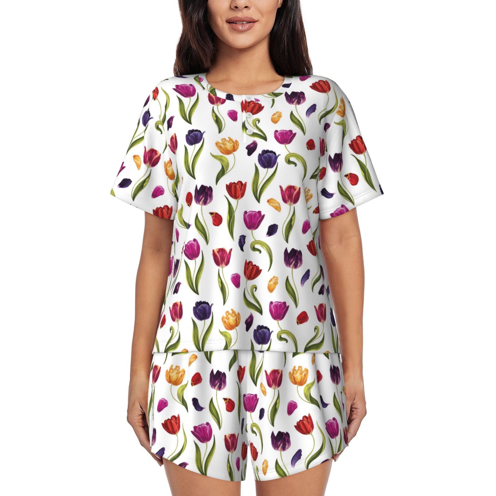 Cauagu Tulips Flowers for Women's Round Neck Pajama Set,Short-Sleeved ...