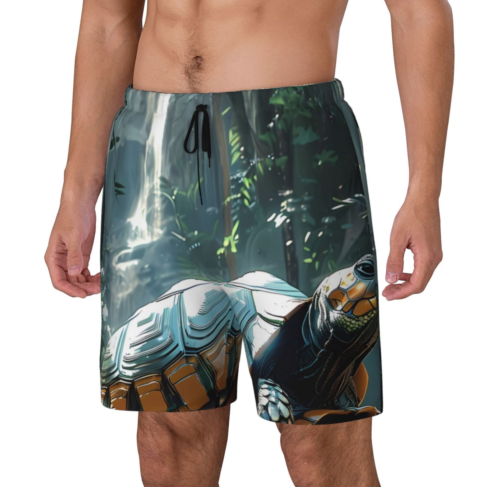 Cauagu Turtle In Jungle Waterfall Print Mens Swim Trunks Quick Dry ...