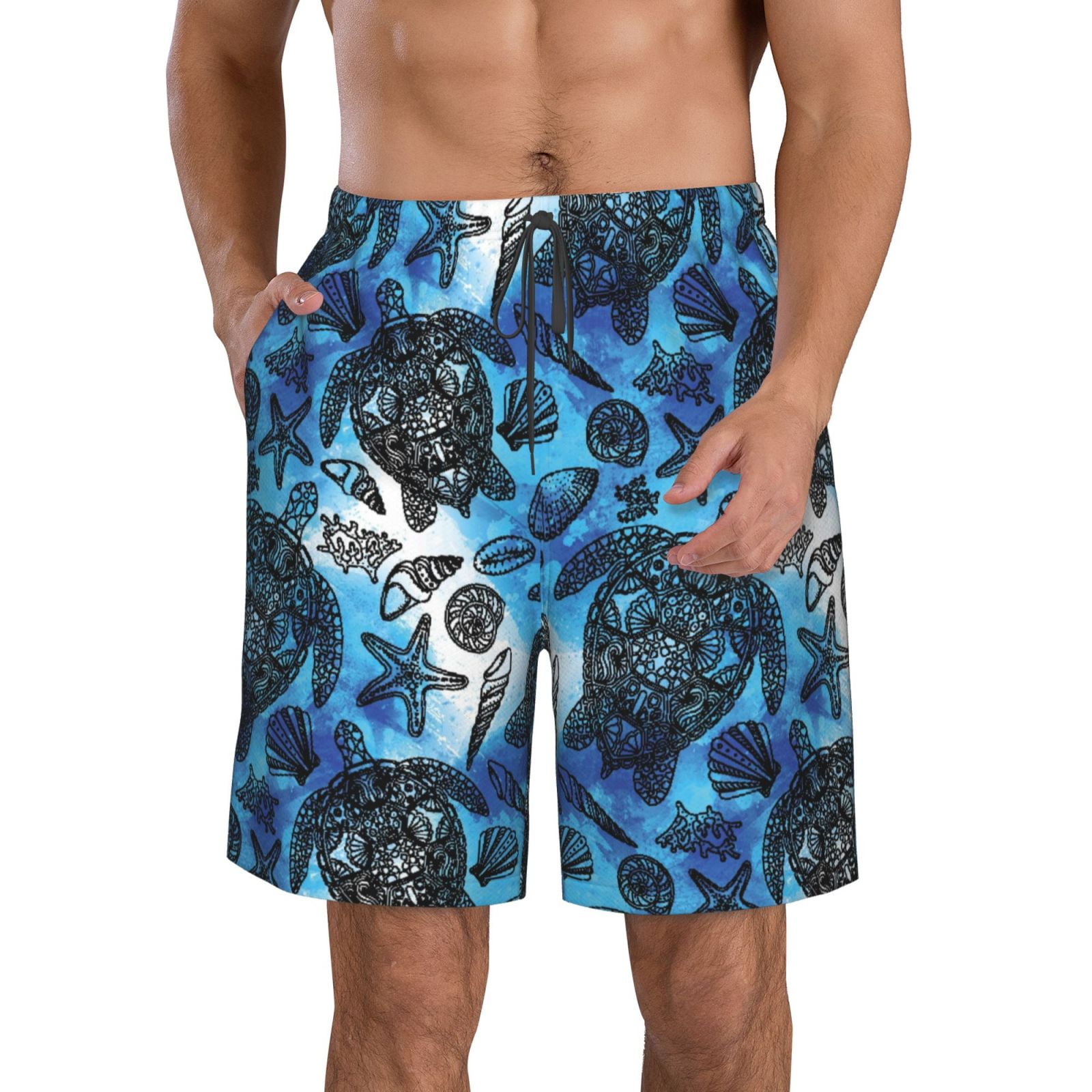 Cauagu Turtle，Shell Algae Starfish Coral Print Men's Swim Trunks ...