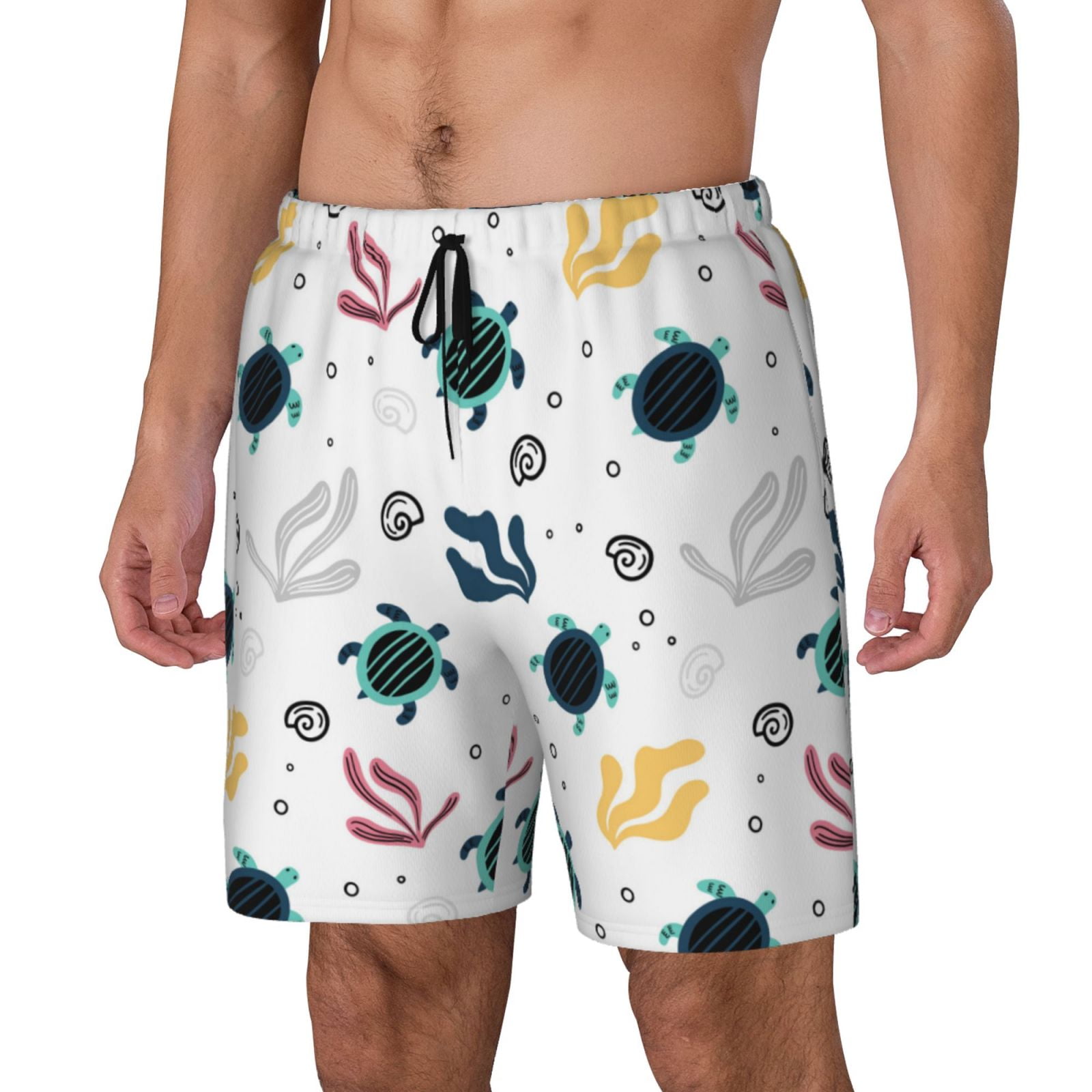 Cauagu Turtles And Corals Print Mens Swim Trunks Quick Dry Board Shorts Swim Shorts with ...
