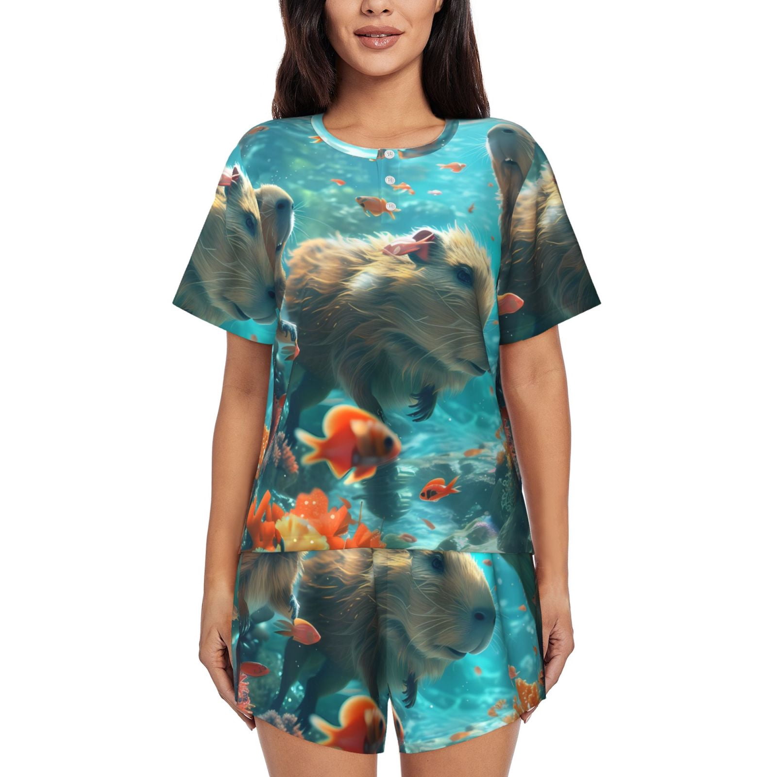 Cauagu Underwater Swimming Guinea Pig for Women's Round Neck Pajama Set ...