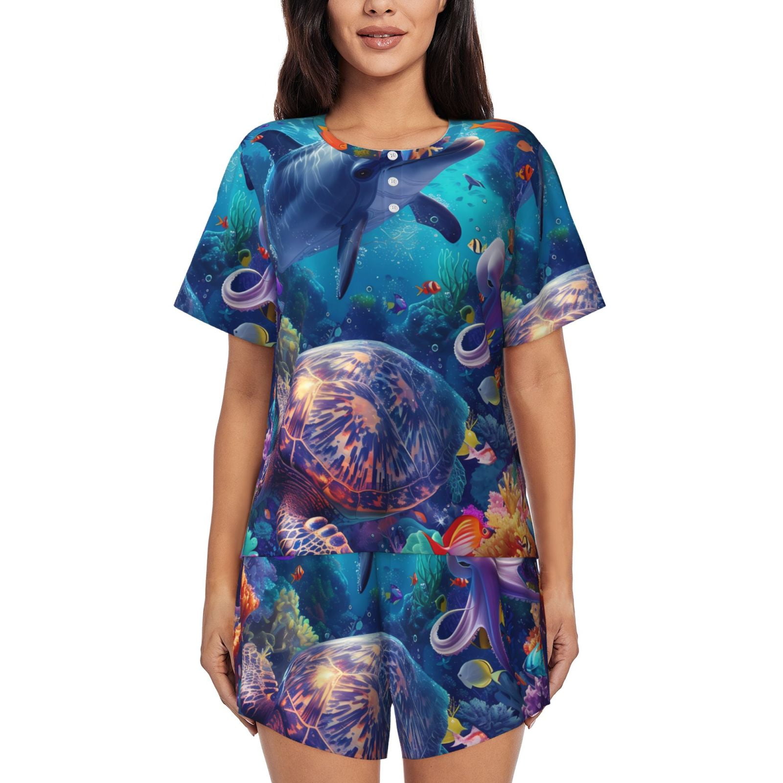 Cauagu Underwater Turtle Dolphin Octopus for Women's Round Neck Pajama ...