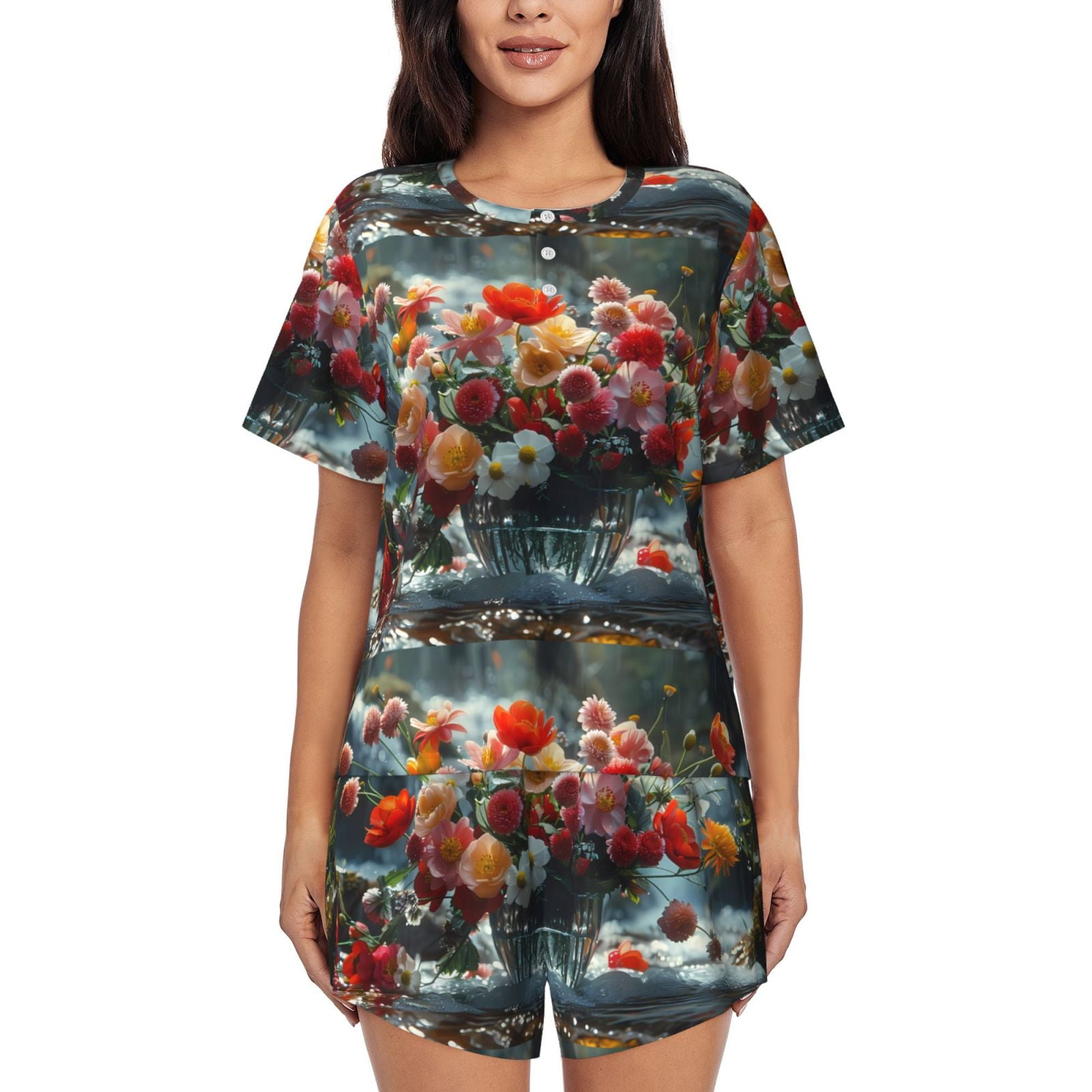 Cauagu Vibrant Bouquet Waterfall for Women's Round Neck Pajama Set ...
