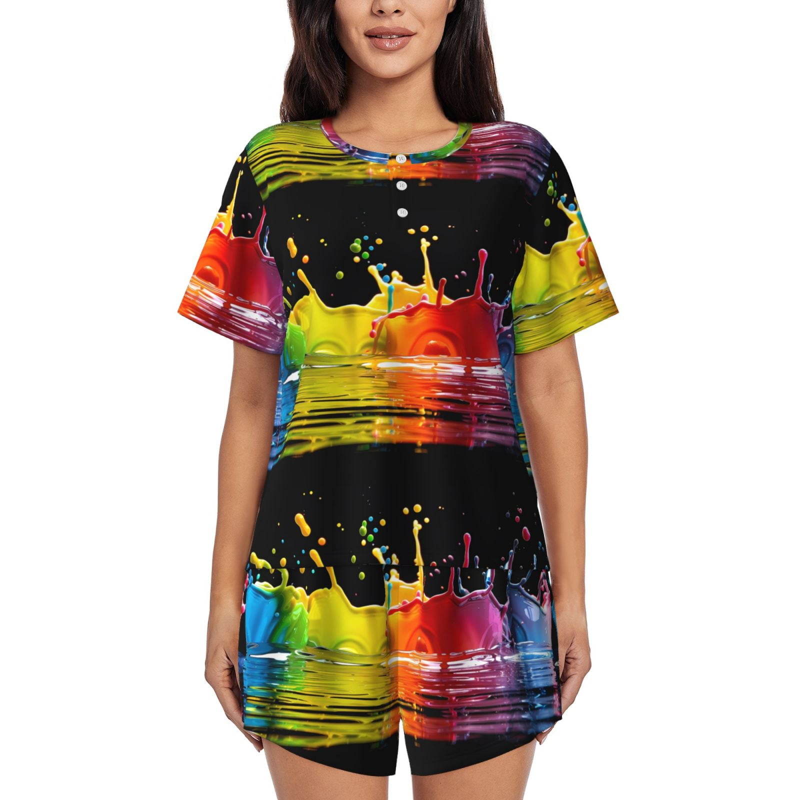 Cauagu Vibrant Color Splash for Women's Round Neck Pajama Set,Short ...
