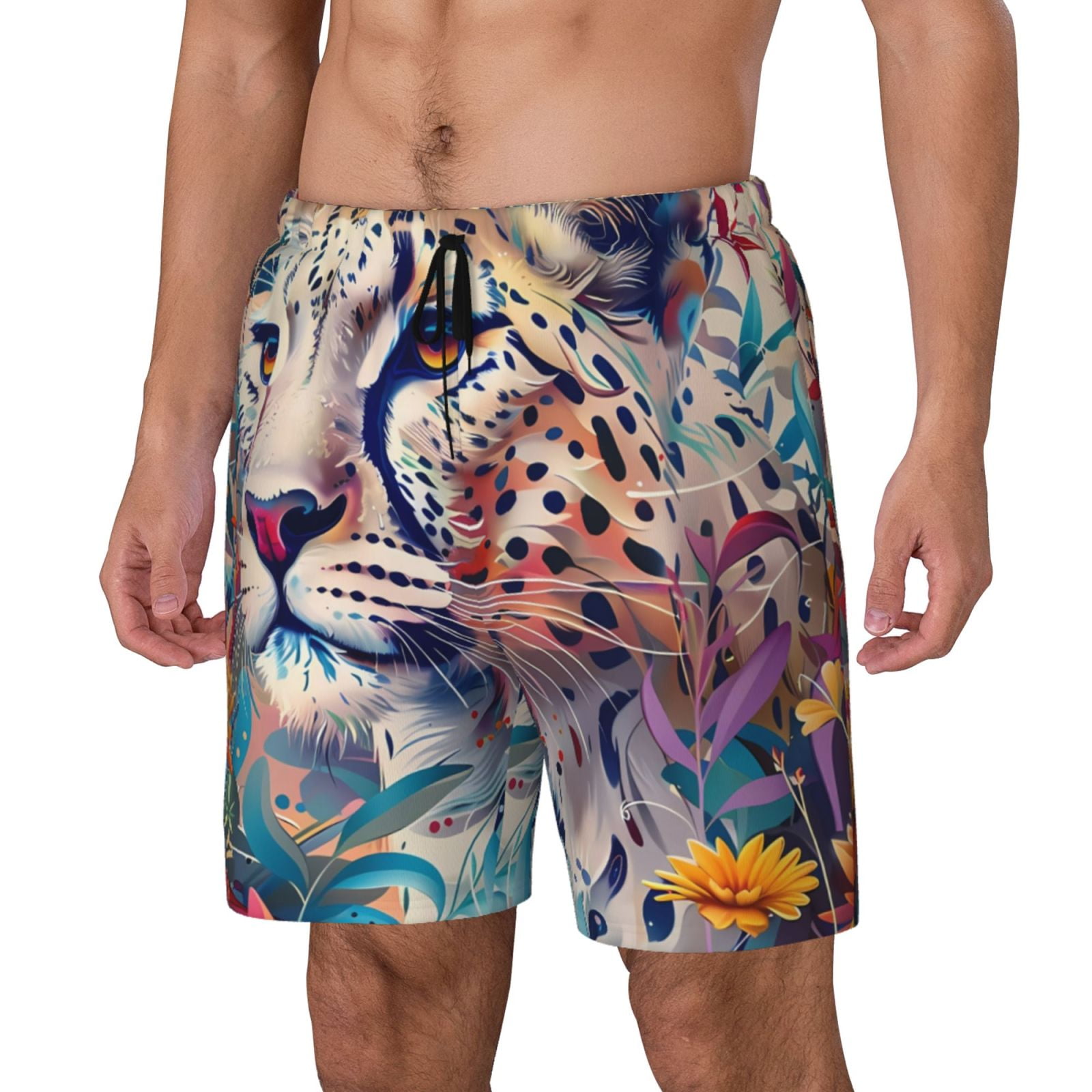 Cauagu Vibrant Leopard In Flowers Print Mens Swim Trunks Quick Dry ...