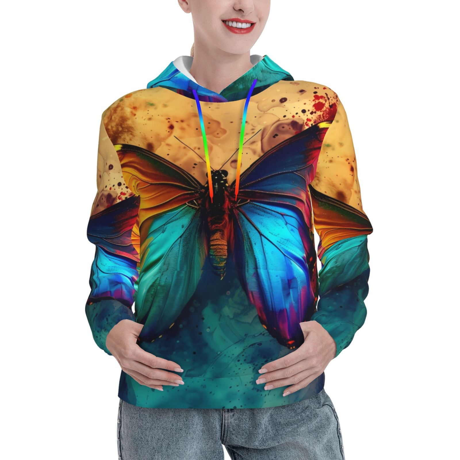 Cauagu Vibrant Rainbow Butterfly A for Women's Hooded Sweatshirts Pullover Hoodie for Women Fall ...