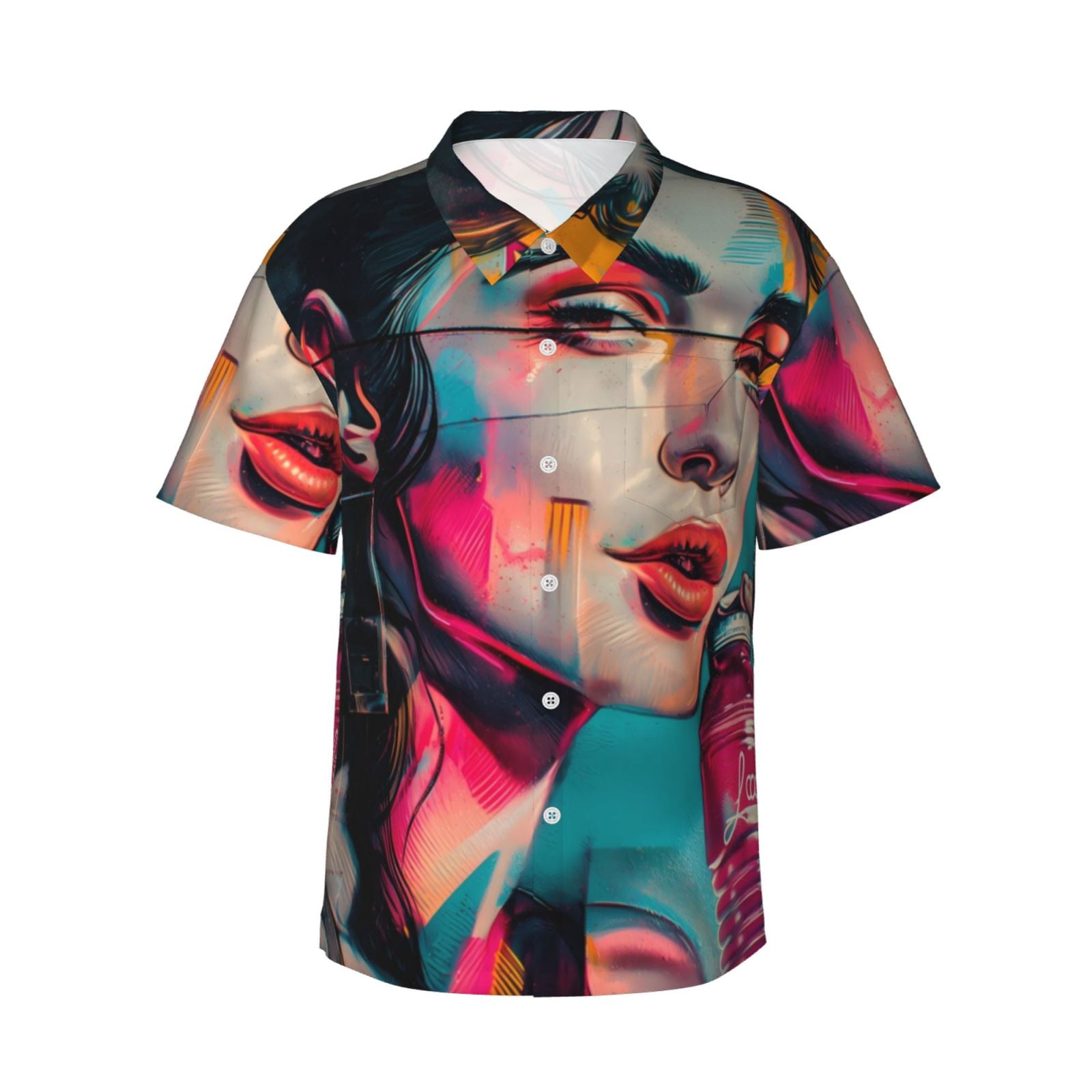 Cauagu Vibrant Street Art Portrait Print Hawaiian Shirt for Men,Casual ...