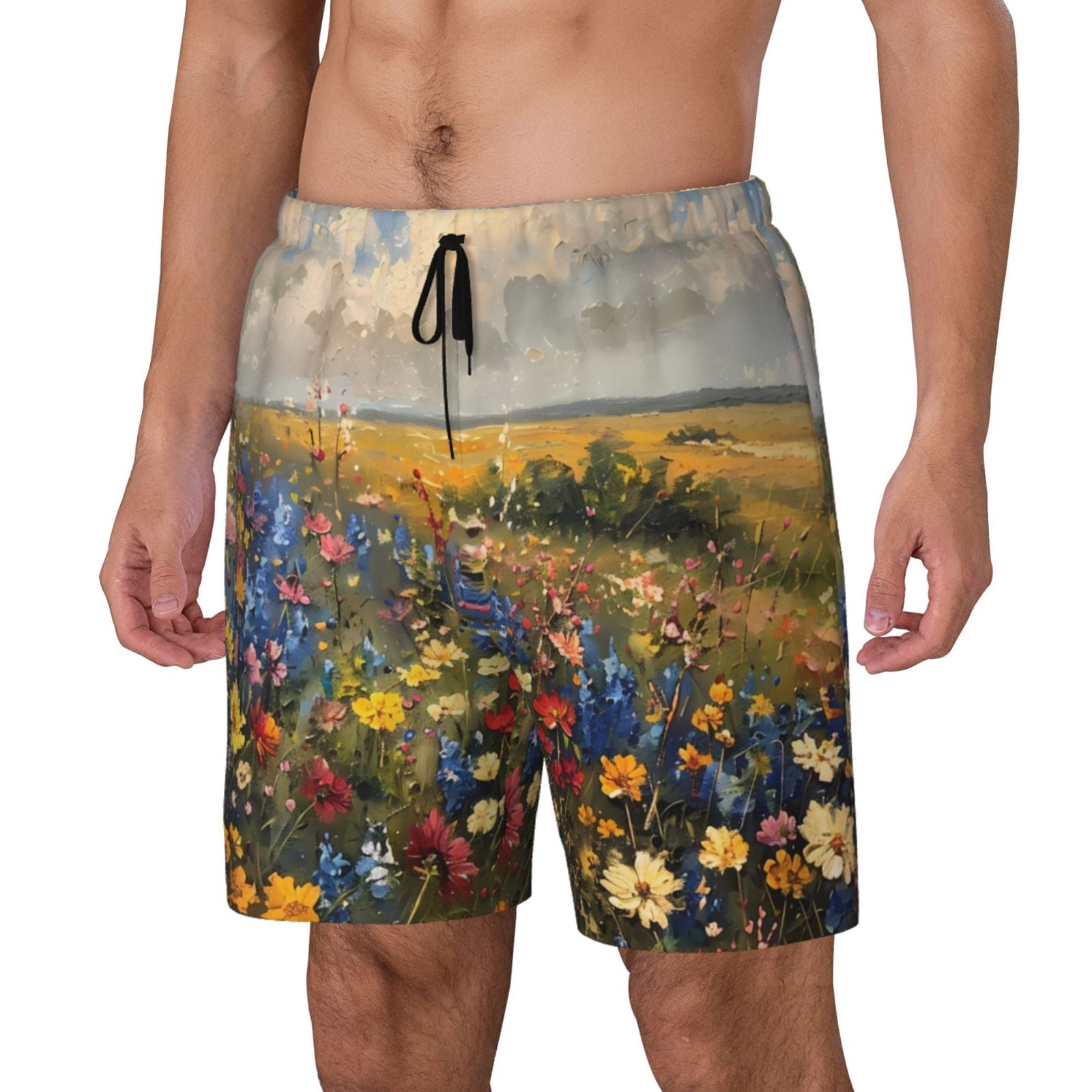 Cauagu Vibrant Wildflower Meadow Print Mens Swim Trunks Quick Dry Board ...