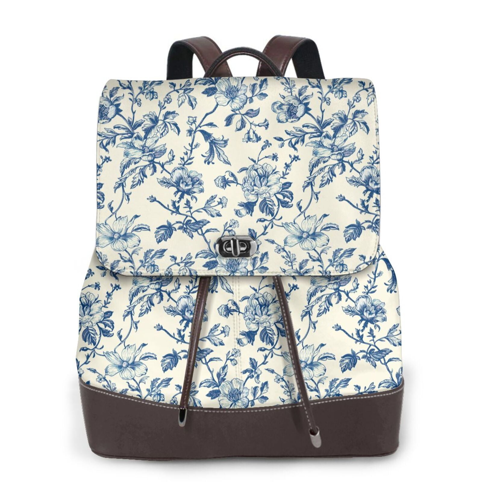 Cauagu Vintage Blue Floral Print Women's PU Leather Backpack,Fashion ...