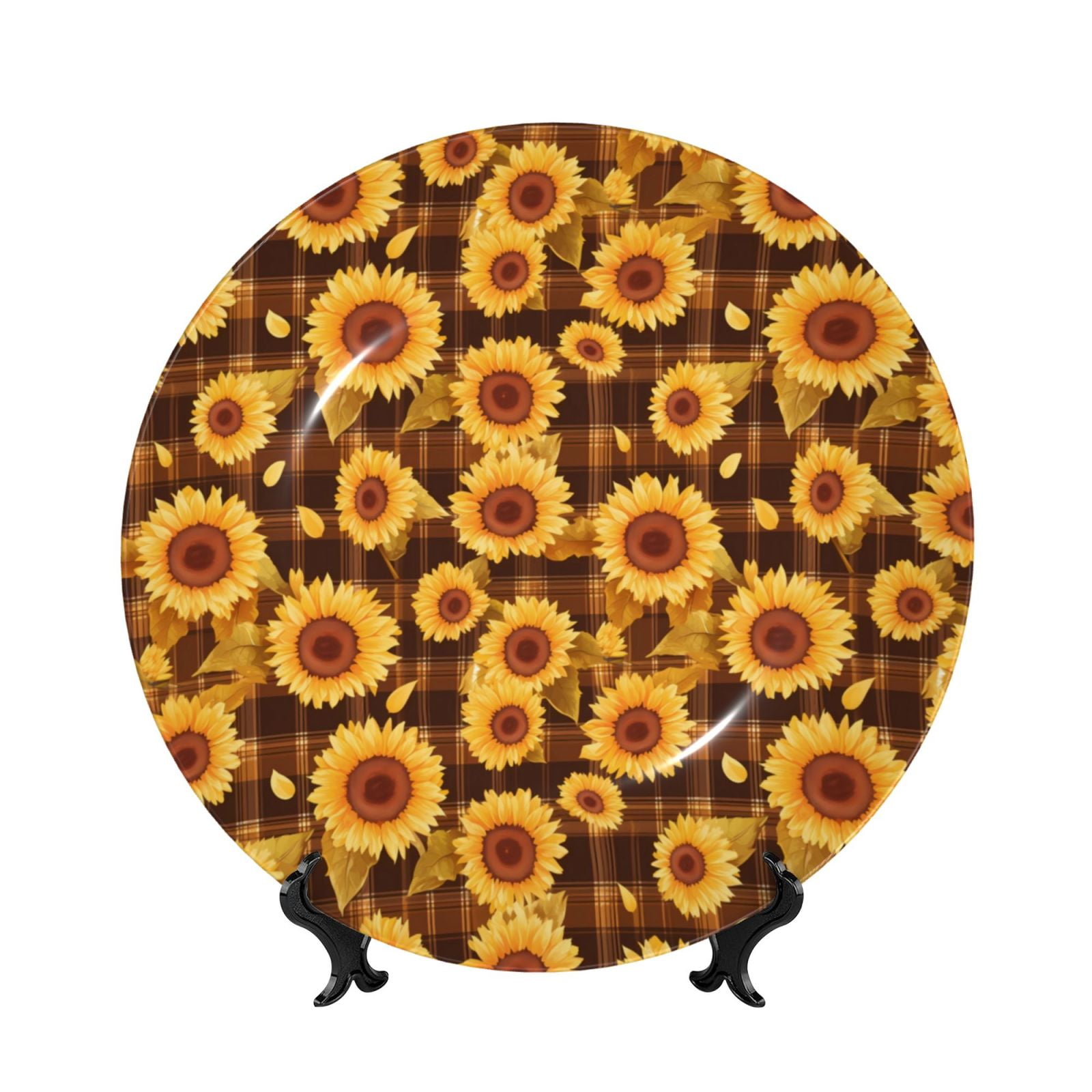 Cauagu Vintage Brown Plaid Sunflower Print Bone China Decorative Plate ...
