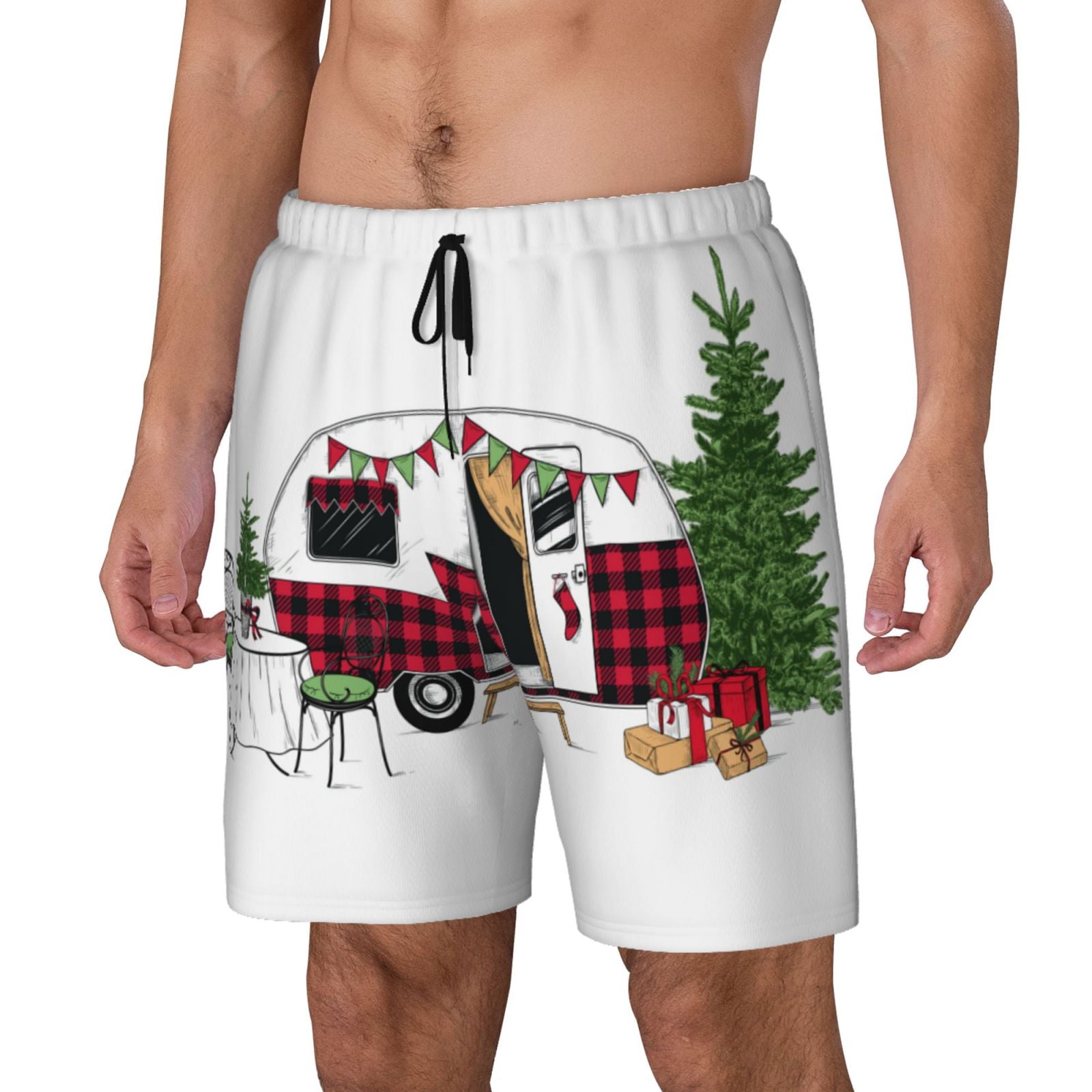 Cauagu Vintage Buffalo Plaid Christmas Camper Print Mens Swim Trunks ...