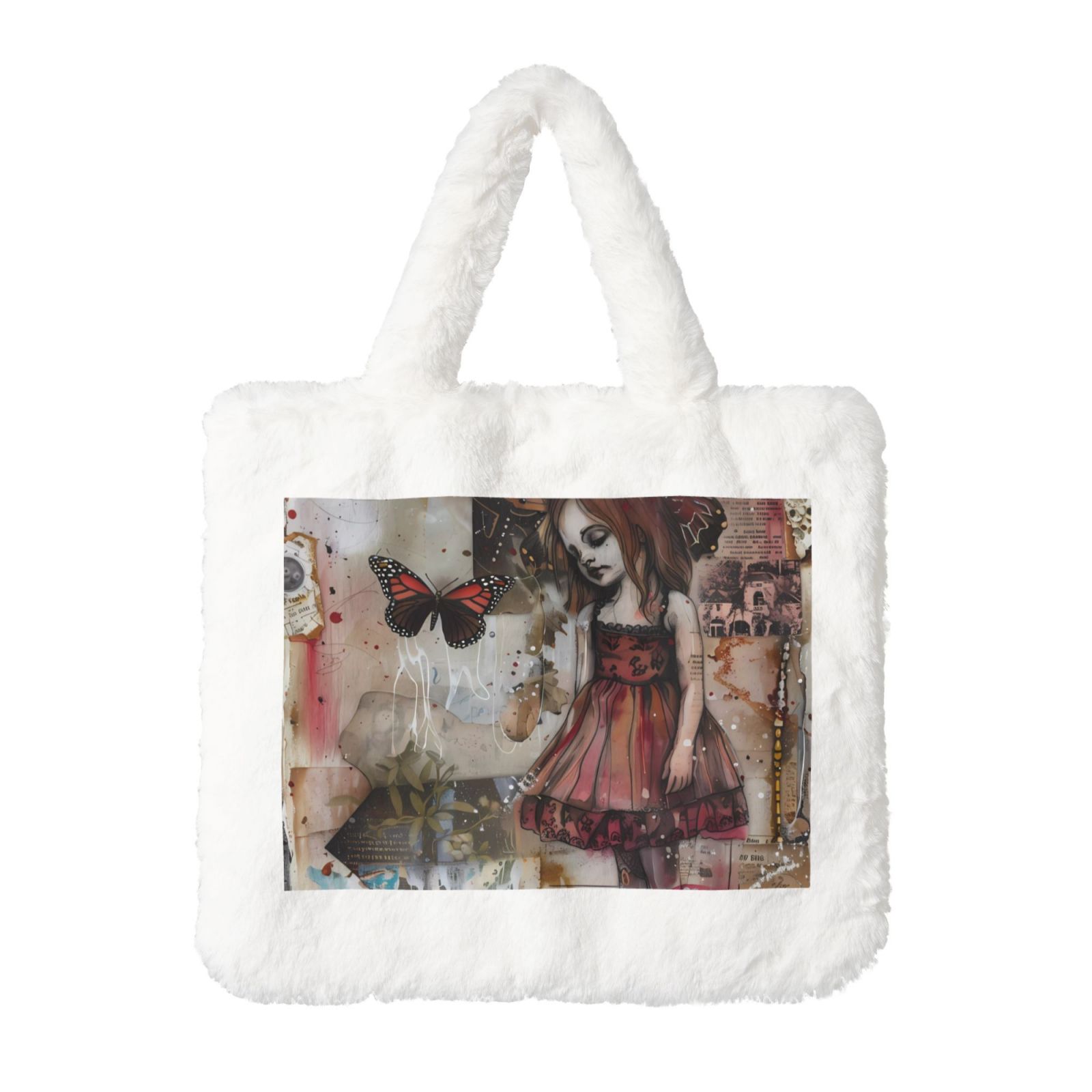 Cauagu Vintage Collage Girl Butterfly Pattern Women's Plush Tote Bag ...
