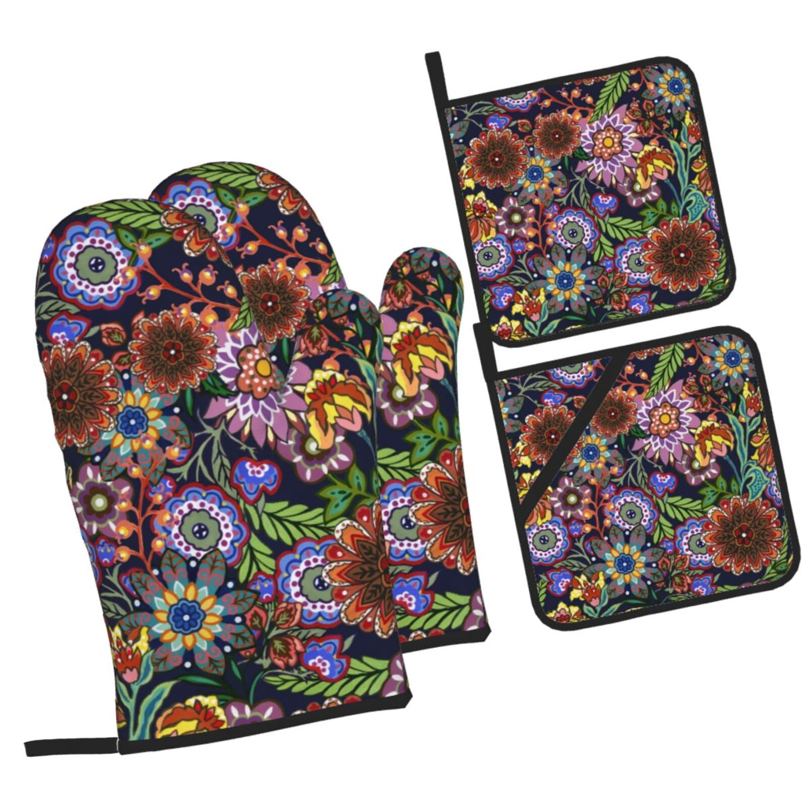 Cauagu Vintage Floral Print Oven Mitts and Pot Holders 4 pcs Set,Extra ...