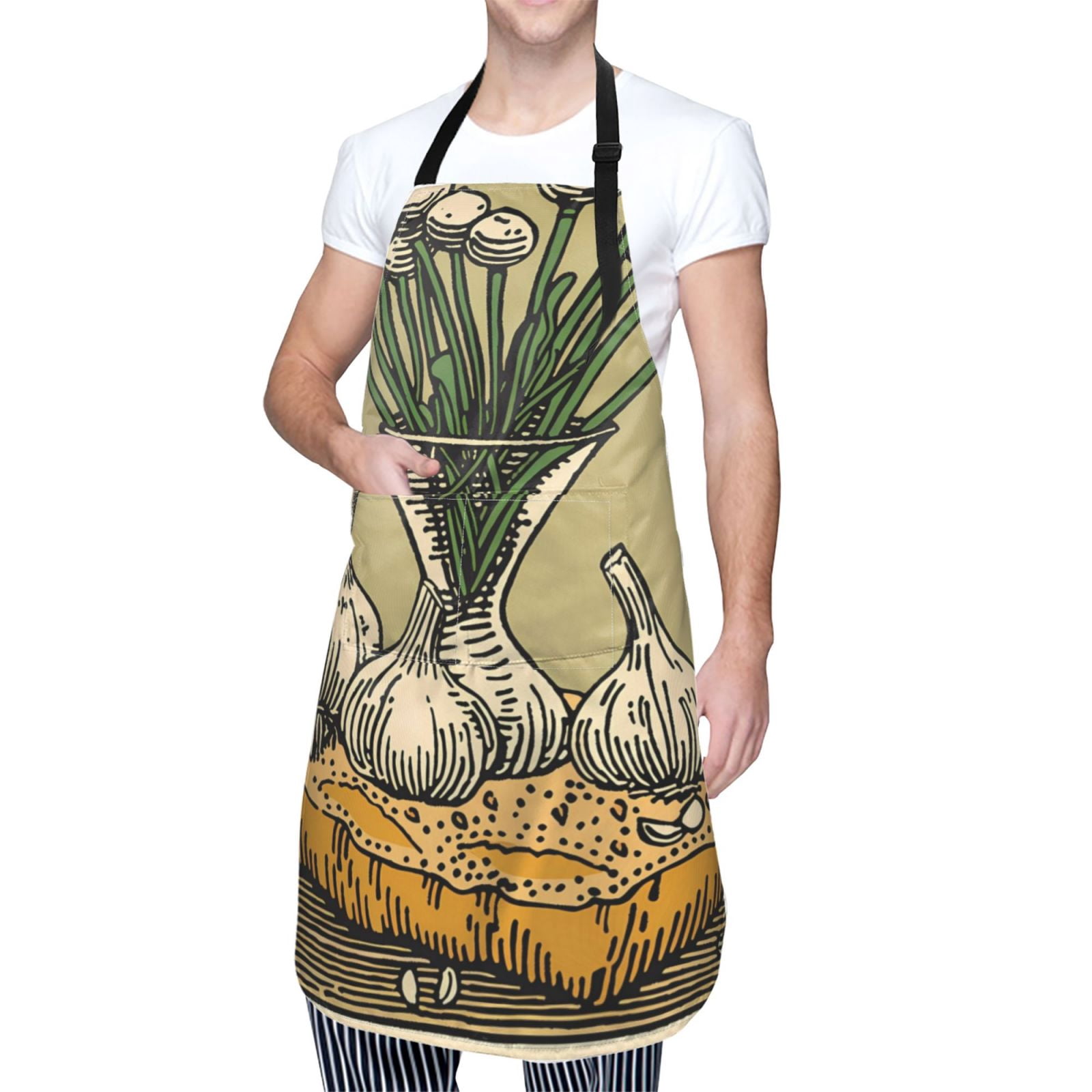 Cauagu Vintage Garlic Bread Illustration Aprons with Pockets,Waterproof ...