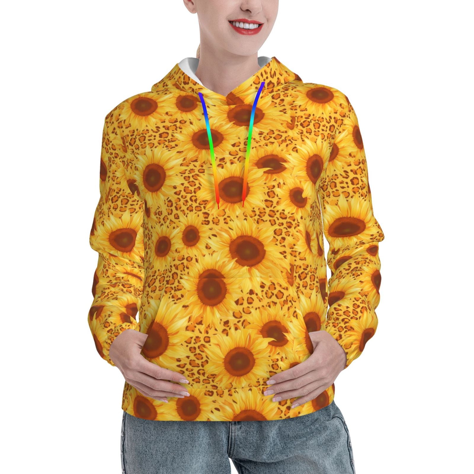 Cauagu Vintage Leopard Print Sunflower for Women's Hooded Sweatshirts Pullover Hoodie for Women ...
