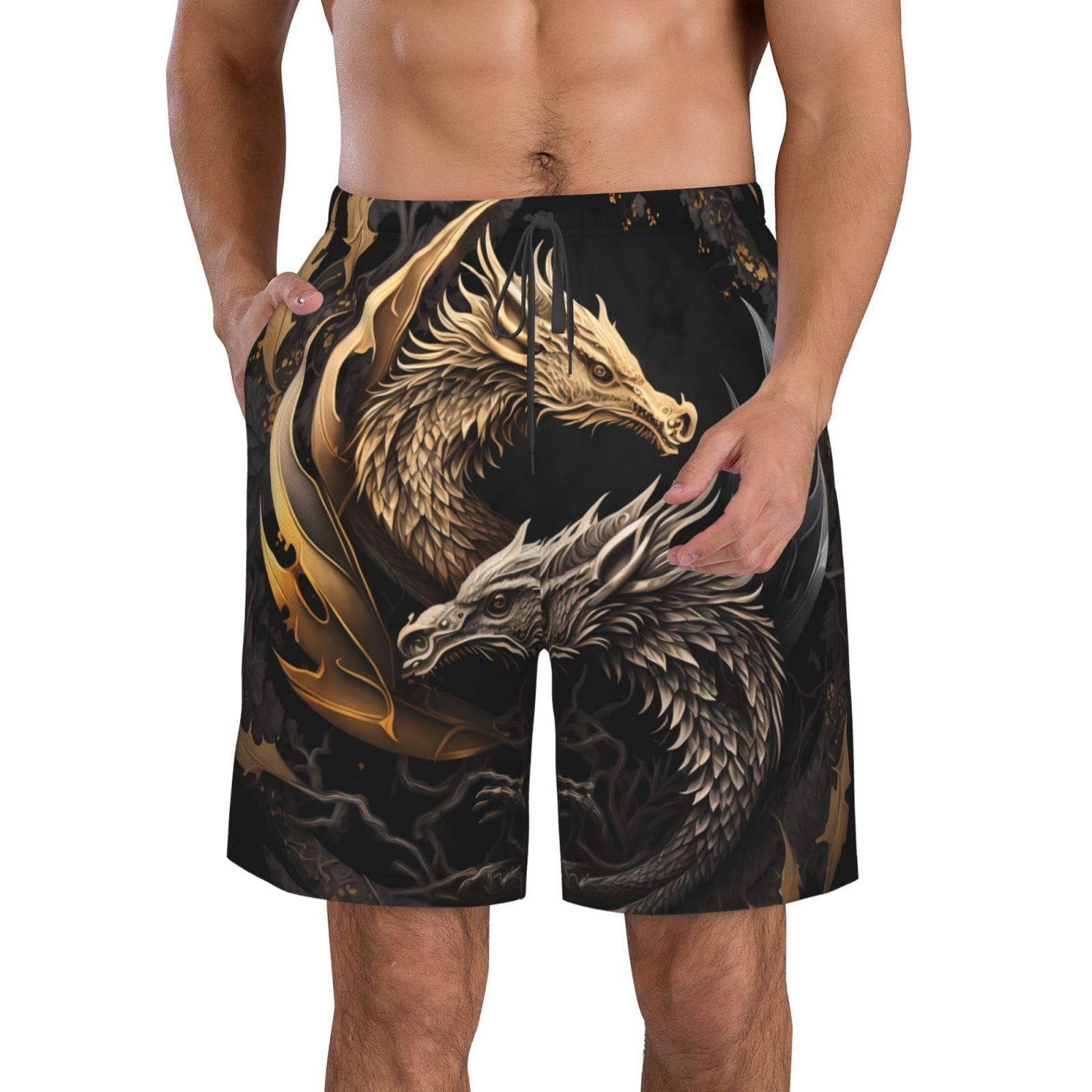Cauagu Vintage Metal Dragon Print Men's Swim Trunks,Hawaiian Bathing ...
