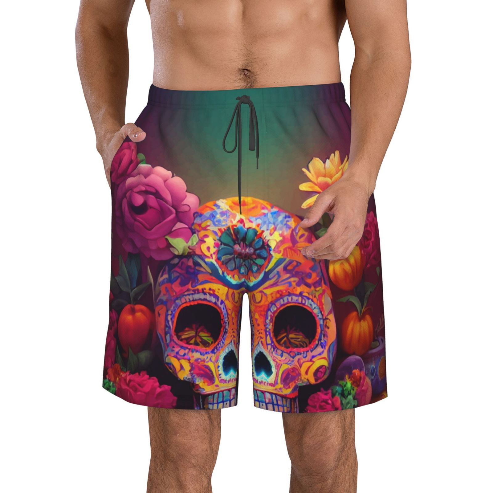 Cauagu Vintage Patterned Skull Print Men's Swim Trunks,Hawaiian Bathing ...