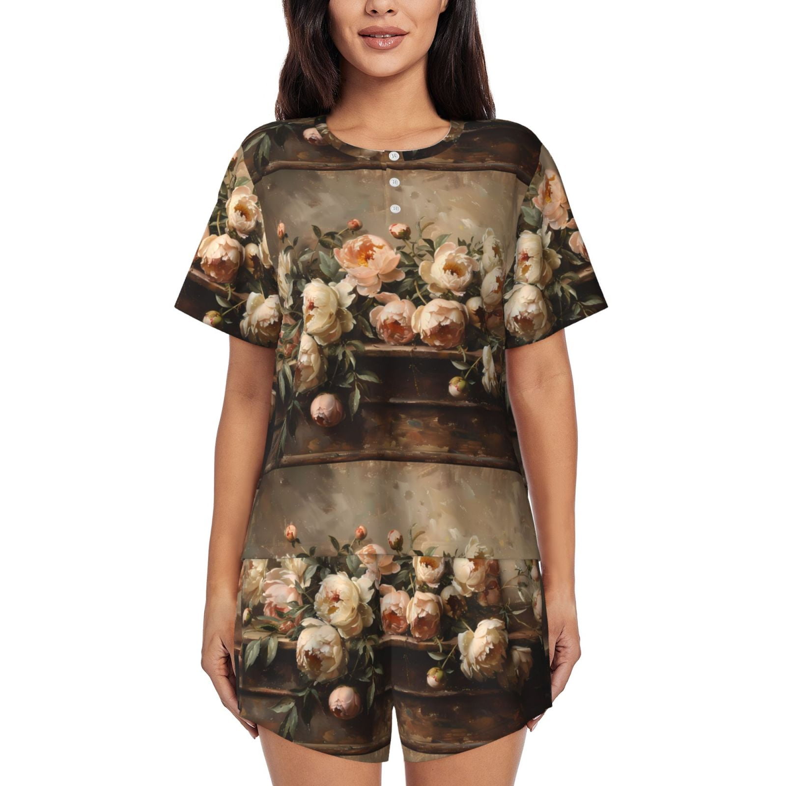 Cauagu Vintage Peonies Rustic Charm for Women's Round Neck Pajama Set ...