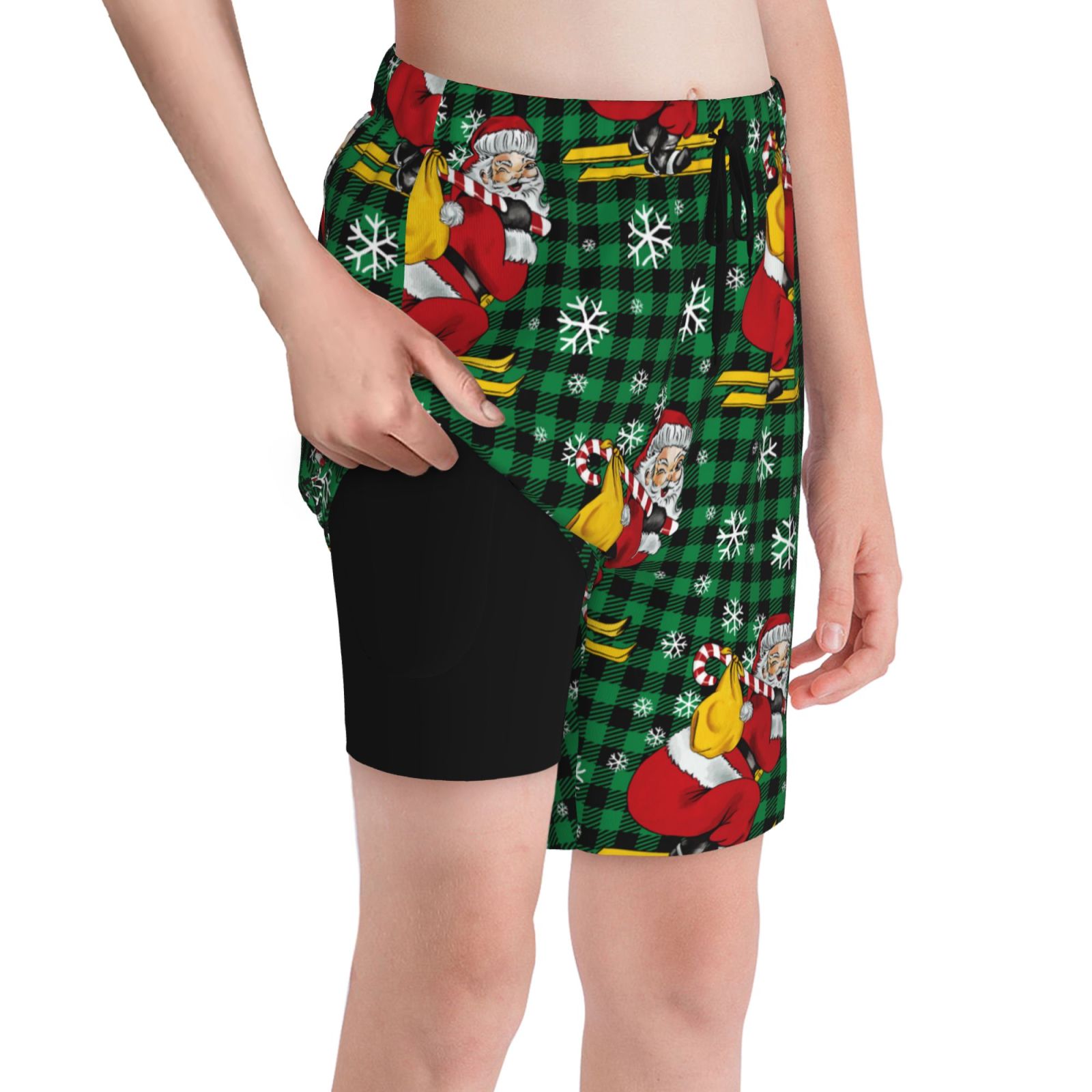 Cauagu Vintage Santa Skiing Green Plaid Print Swim Trunks for Men,Youth ...