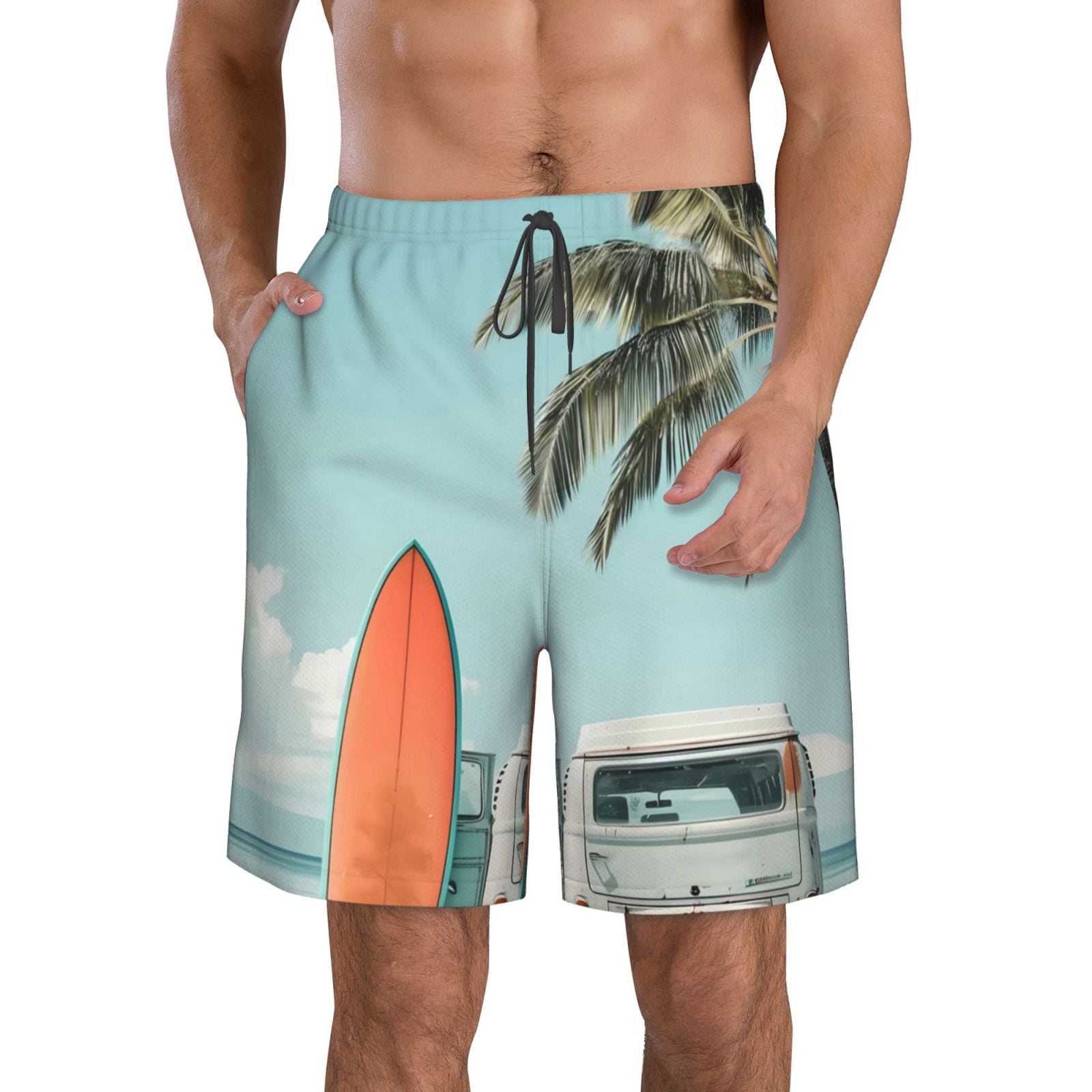 Cauagu Vintage Surf Van Beach Print Men's Swim Trunks,Hawaiian Bathing ...