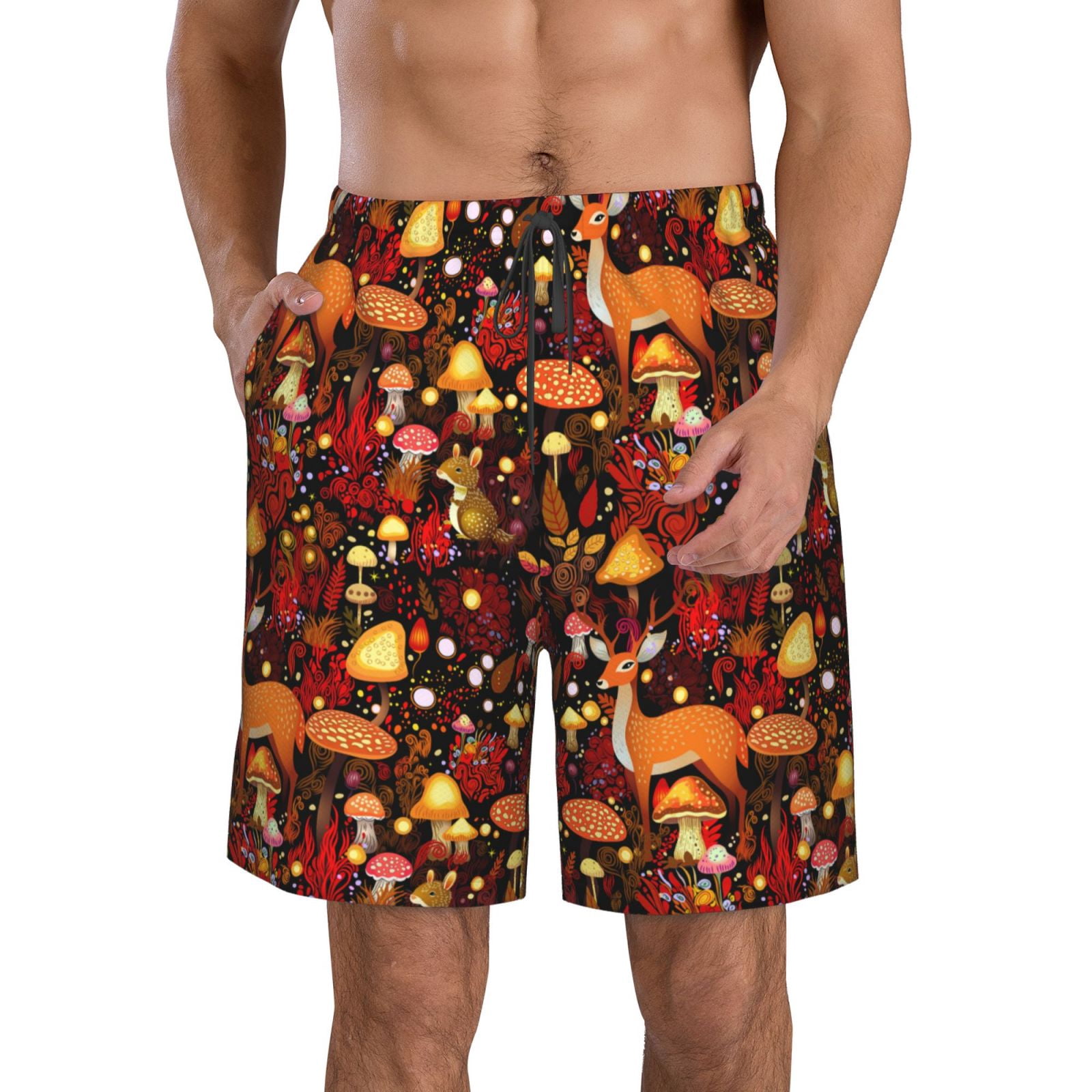 Cauagu Warm Forest Plants and Deer Print Men's Swim Trunks,Hawaiian ...