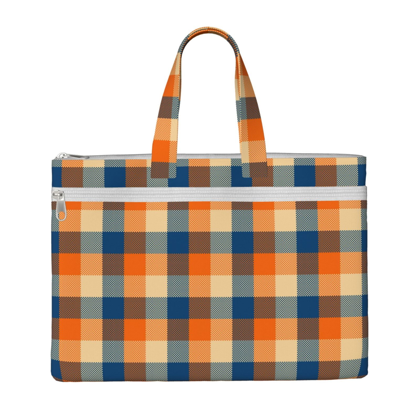 Cauagu Warm Orange Plaid Pattern Canvas Tote File Bag, Zipper Tote Bag ...
