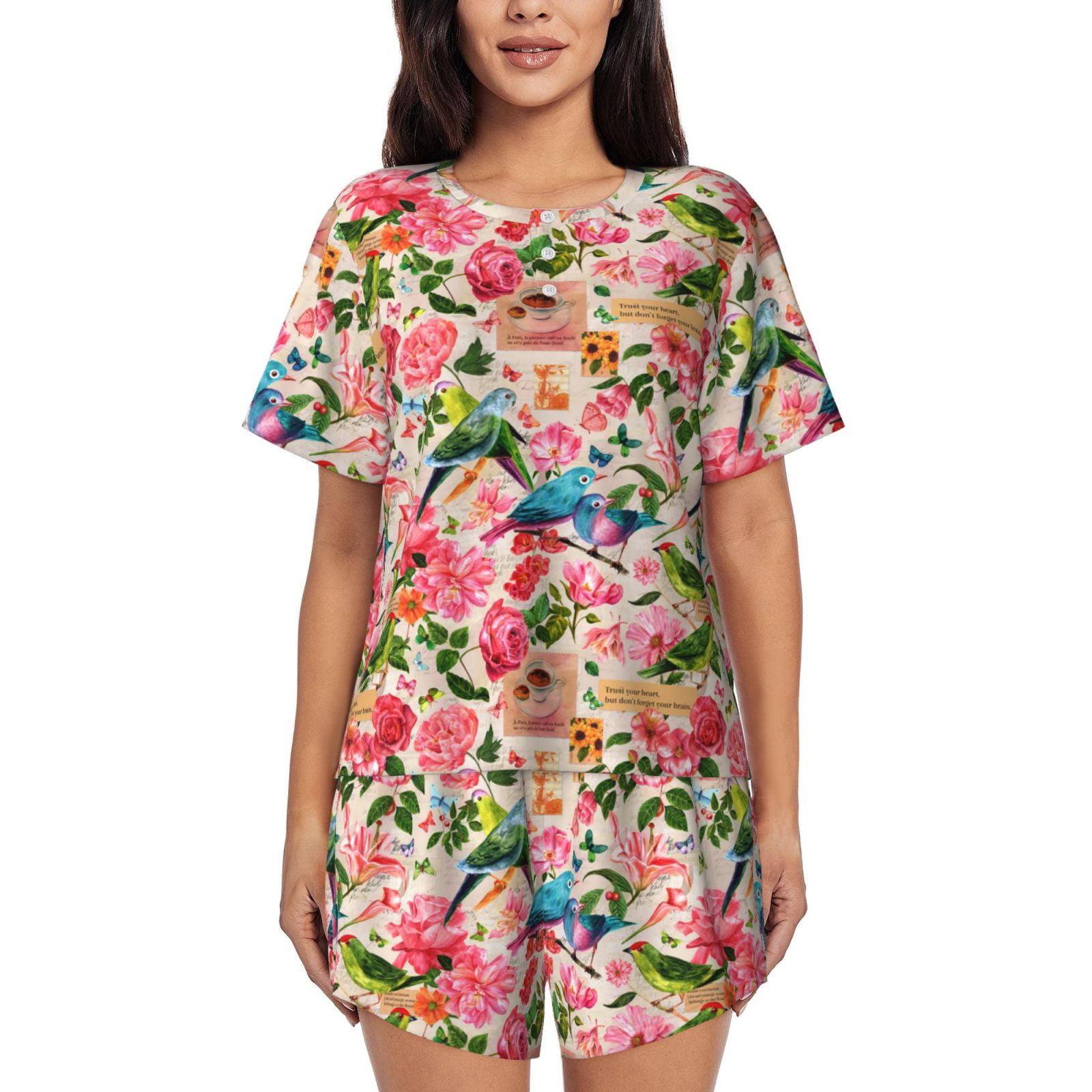 Cauagu Watercolor Birds for Women's Round Neck Pajama Set,Short-Sleeved ...