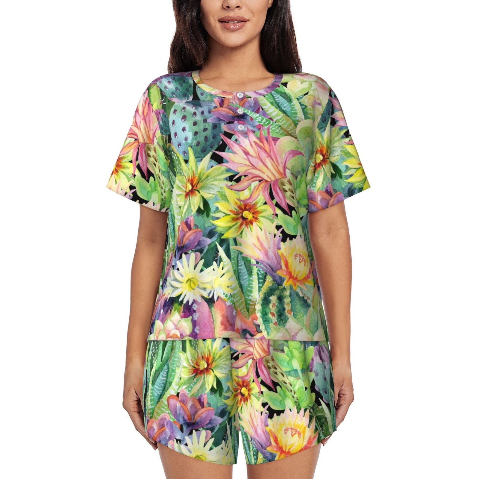 Cauagu Watercolor Blooming Cactus for Women's Round Neck Pajama Set,Short-Sleeved Pajamas Soft ...