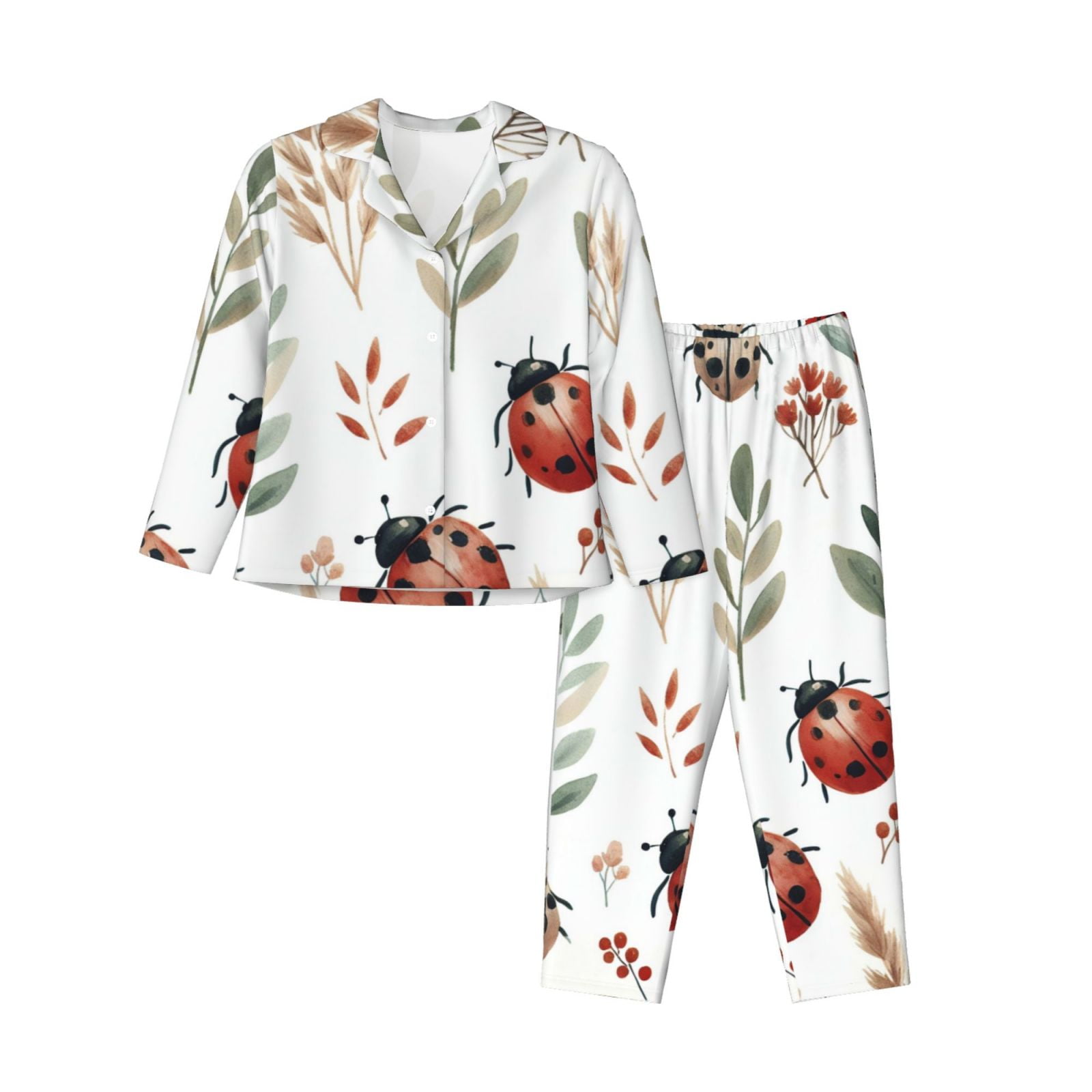 Cauagu Watercolor Ladybug Print Women's Long-Sleeve Pajamas Set Soft Pj ...