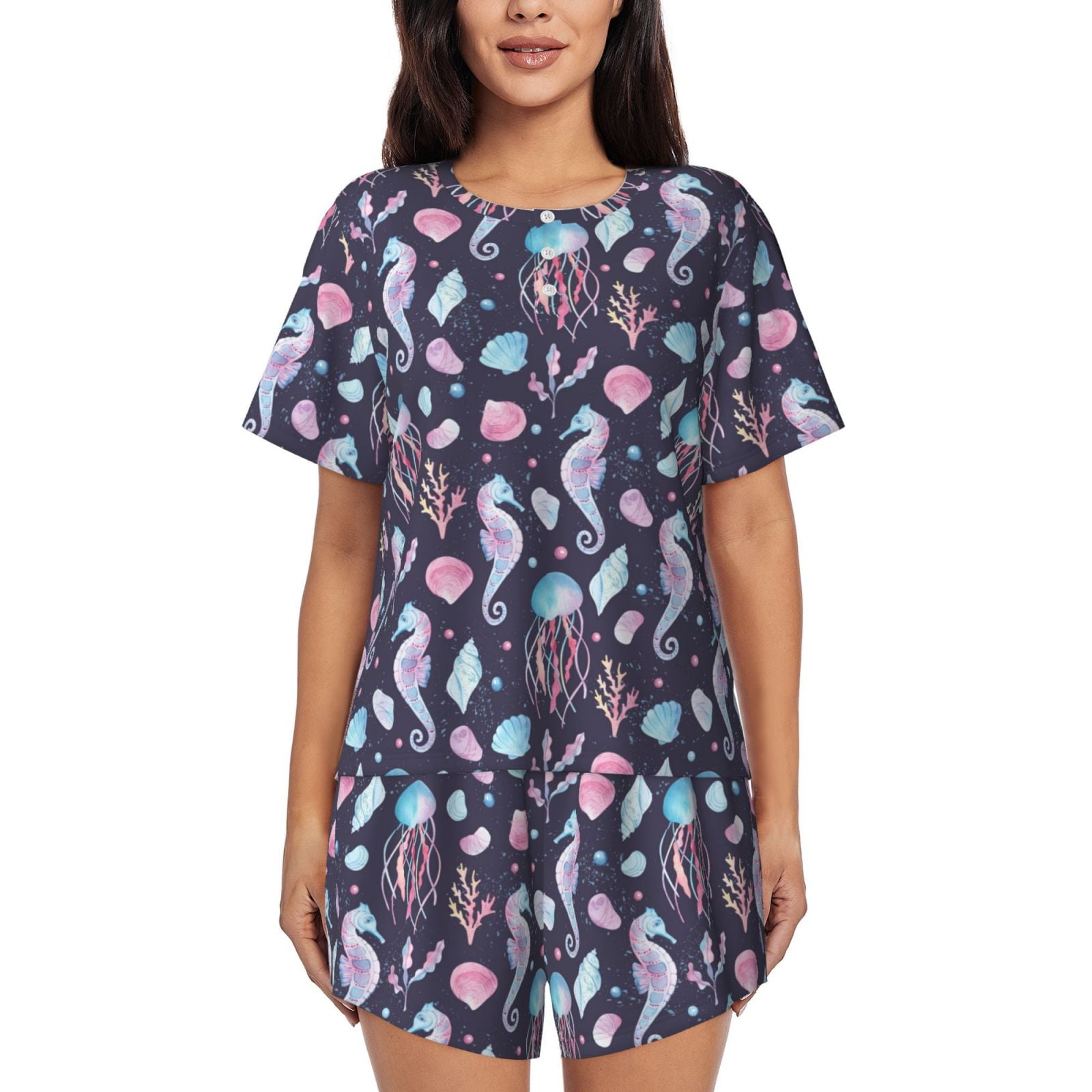 Cauagu Watercolor Marine Animals for Women's Round Neck Pajama Set,Short-Sleeved Pajamas Soft ...