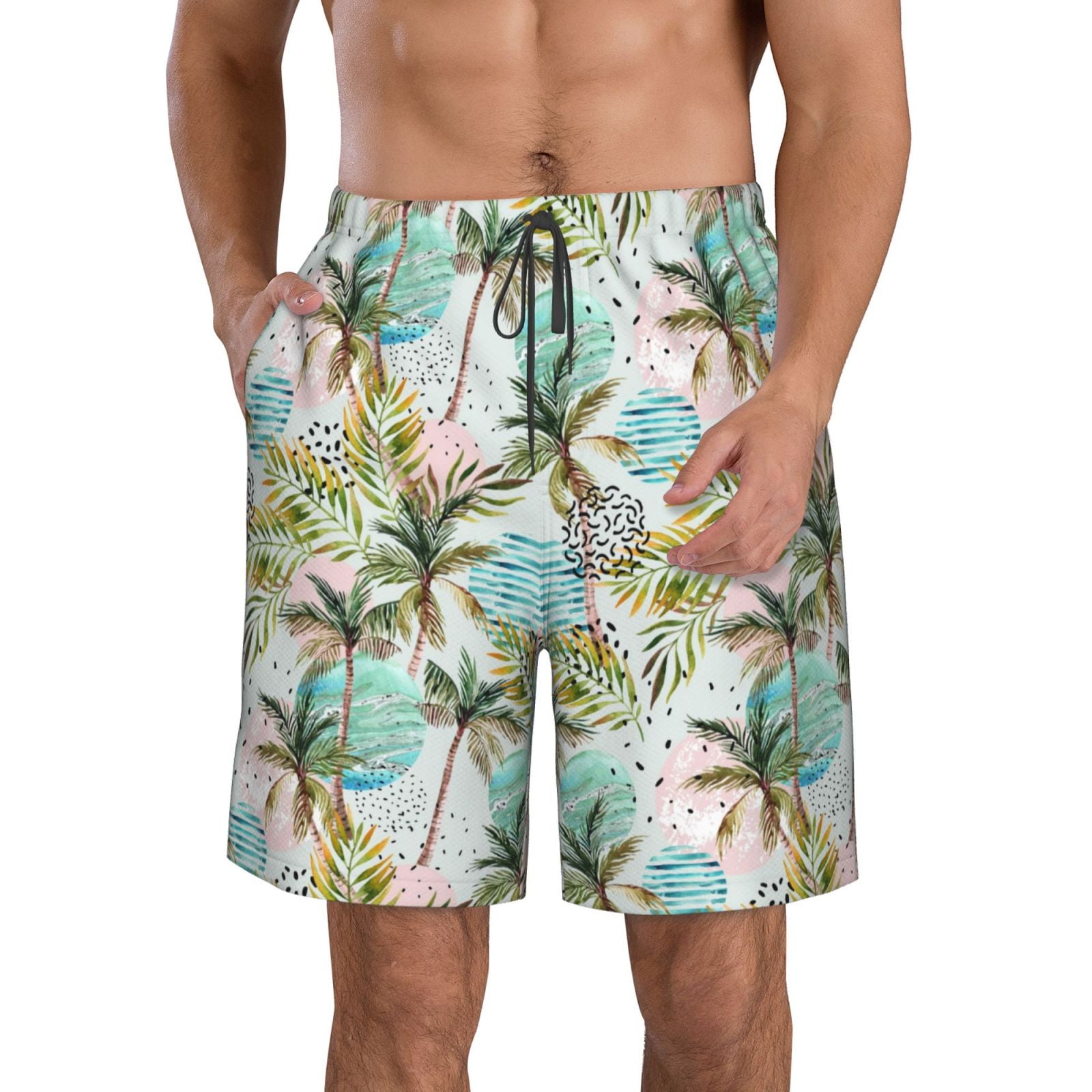 Cauagu Watercolor Palm Tree Print Men's Swim Trunks,Hawaiian Bathing ...