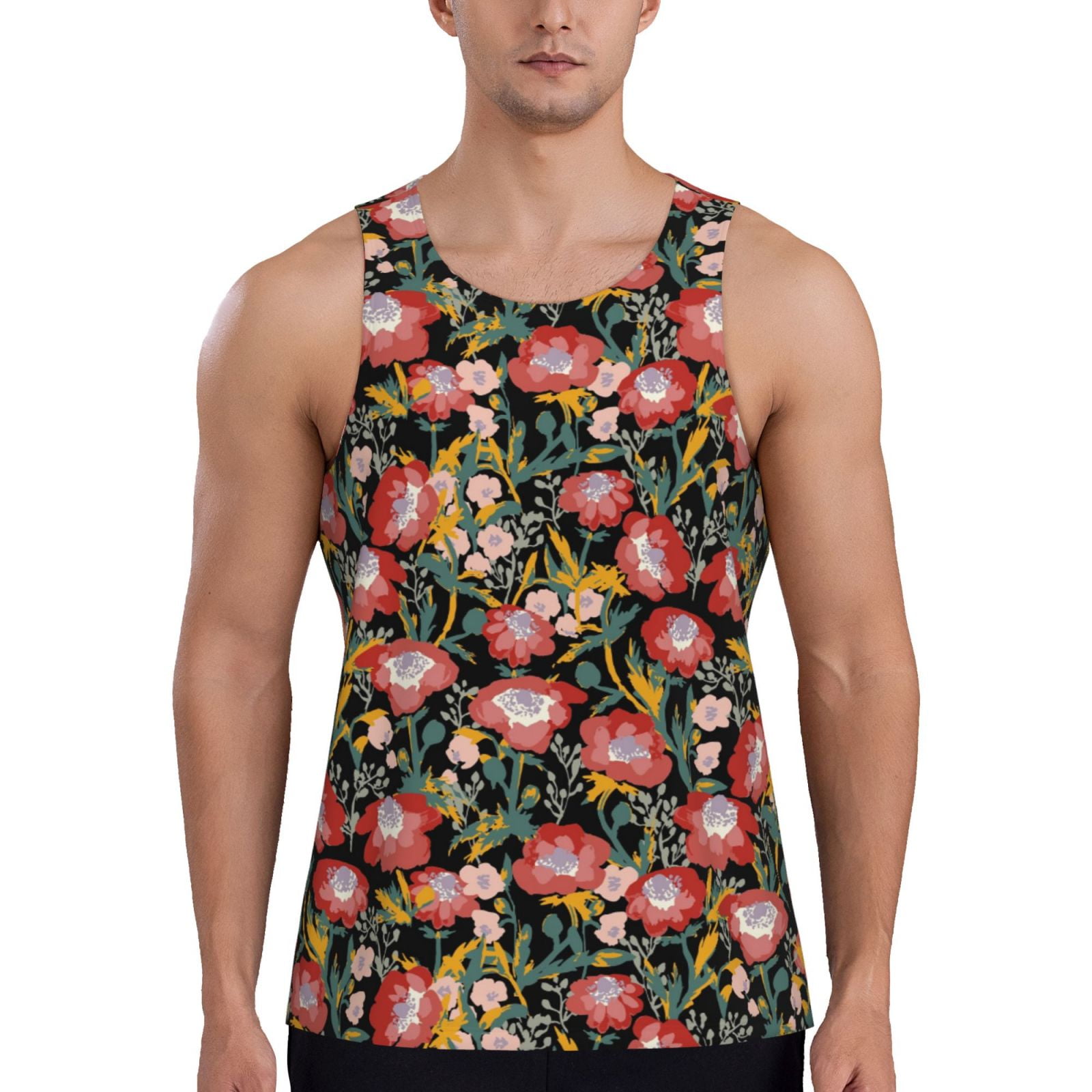 Cauagu Watercolor Red Wildflowers Print Men's Sleeveless Muscle Shirts ...