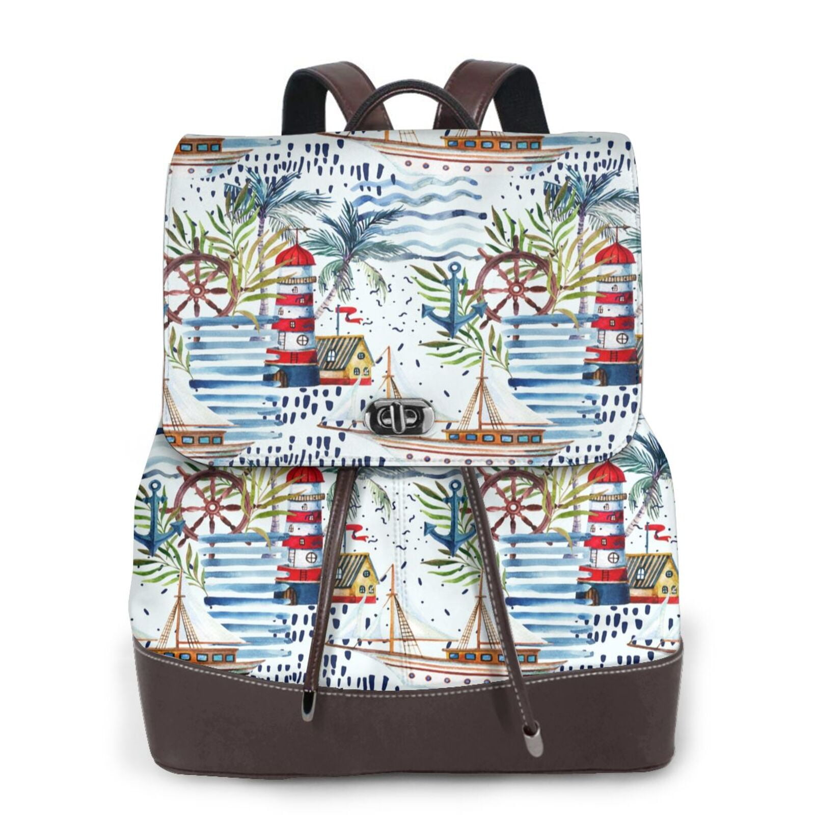 Cauagu Watercolor Sailboat Print Women's PU Leather Backpack,Fashion ...