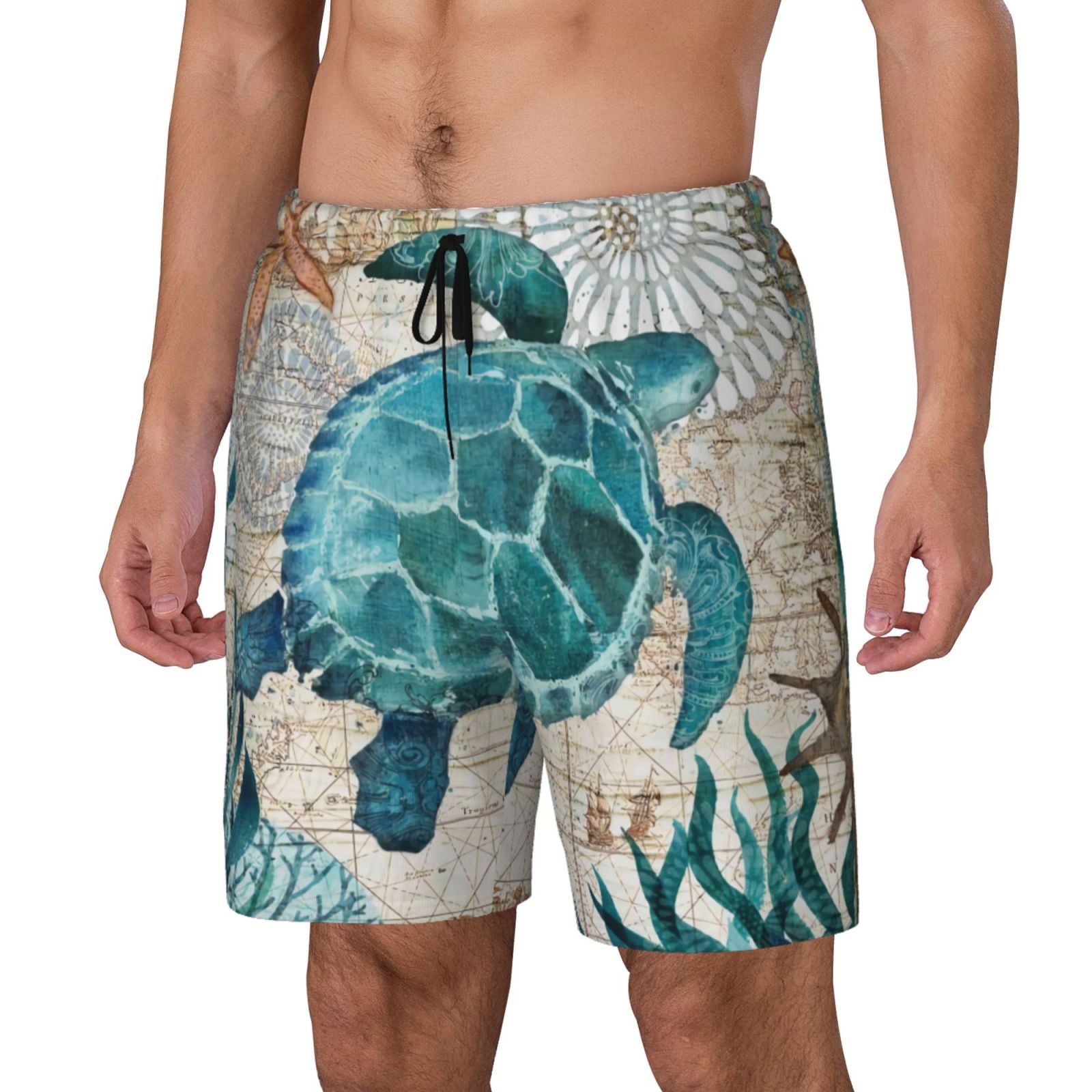 Cauagu Watercolor Sea Turtle Print Mens Swim Trunks Quick Dry Board ...