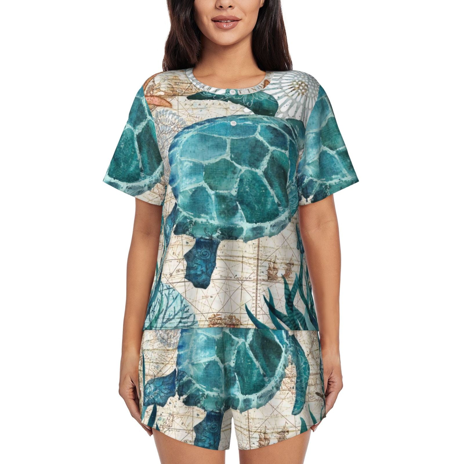 Cauagu Watercolor Sea Turtle for Women's Round Neck Pajama Set,Short ...