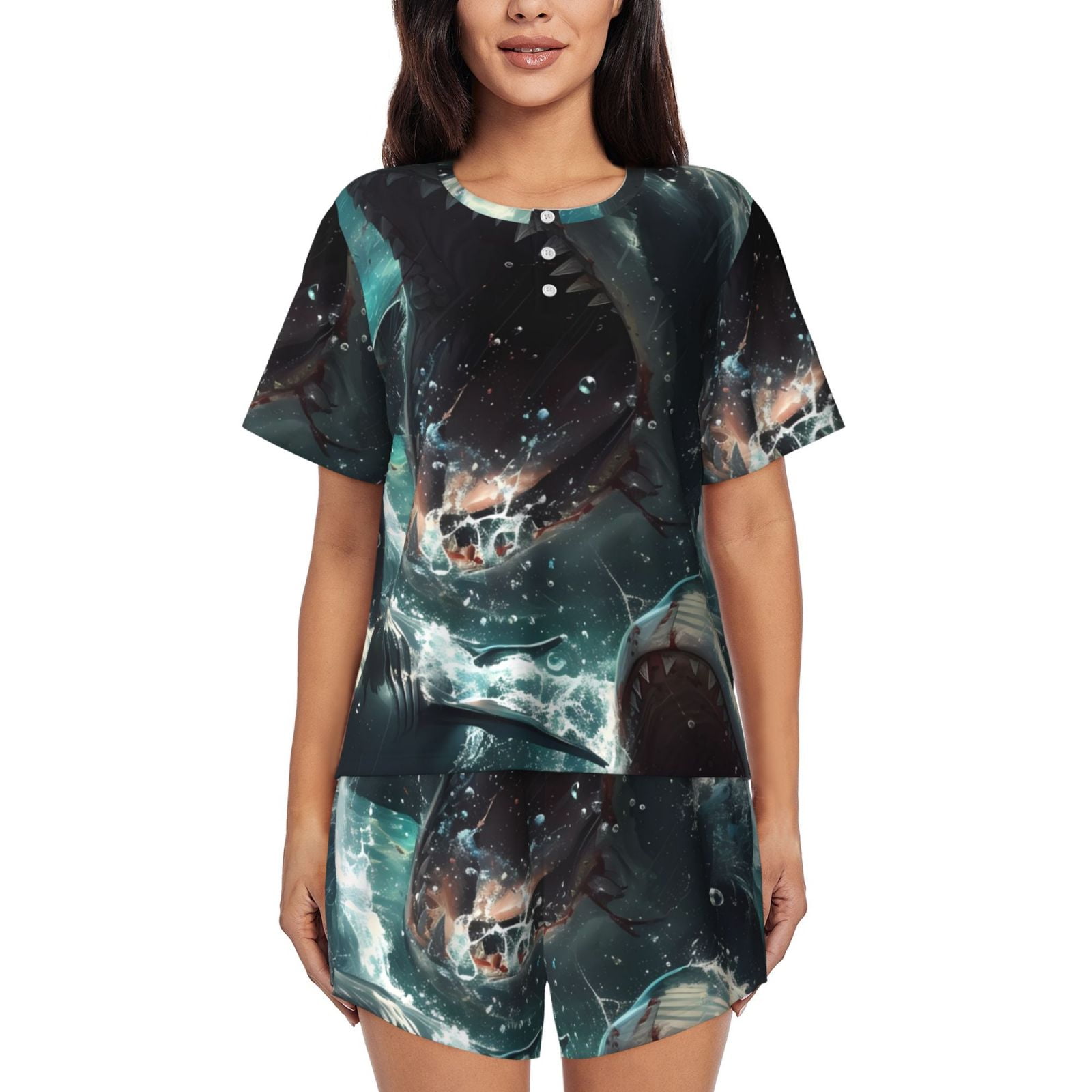 Cauagu Wave Ocean Animal Shark for Women's Round Neck Pajama Set,Short ...