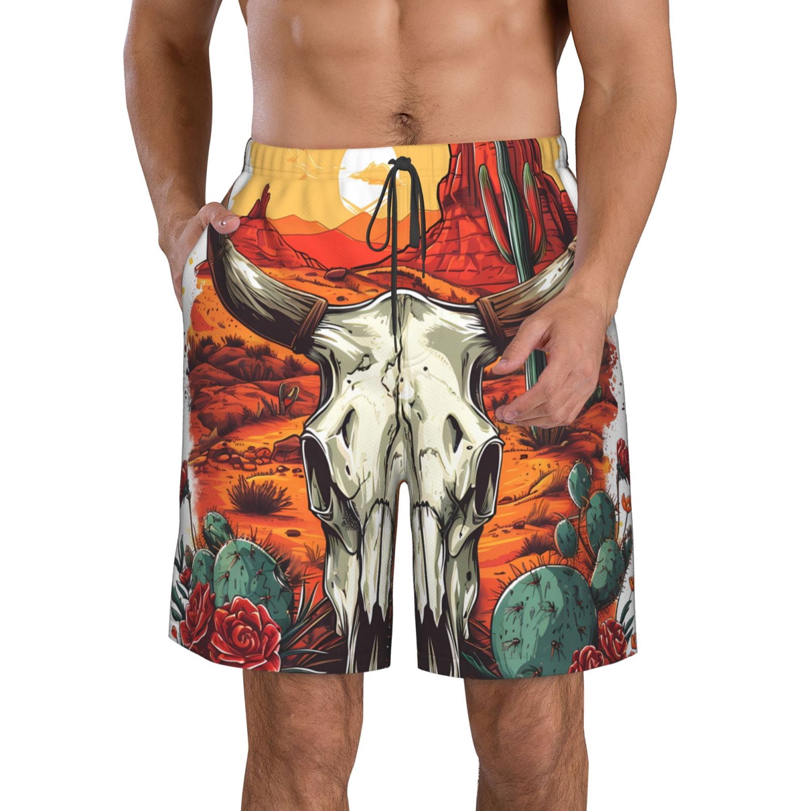 Cauagu Western Desert Cactus Ram Skull Print Men's Swim Trunks,Hawaiian ...