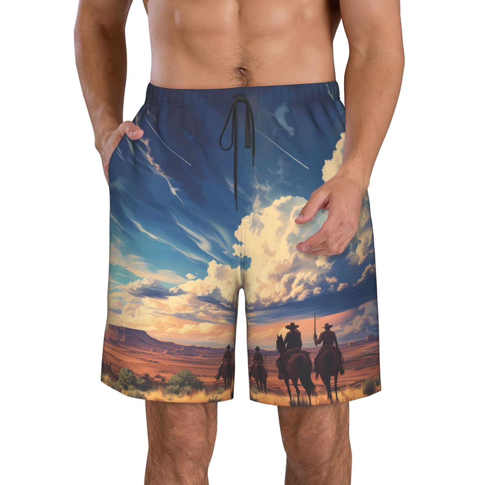 Cauagu Western Desert Cloud Cowboy Print Men's Swim Trunks,Hawaiian ...